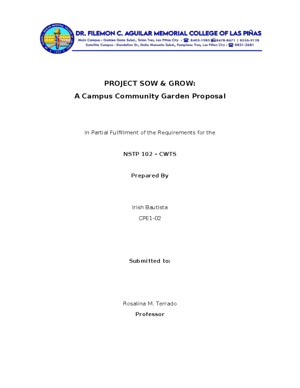 Project SOW & GROW - Lesson 1 to Lesson 8 - PROJECT SOW & GROW: A Campus Community Garden - Studocu