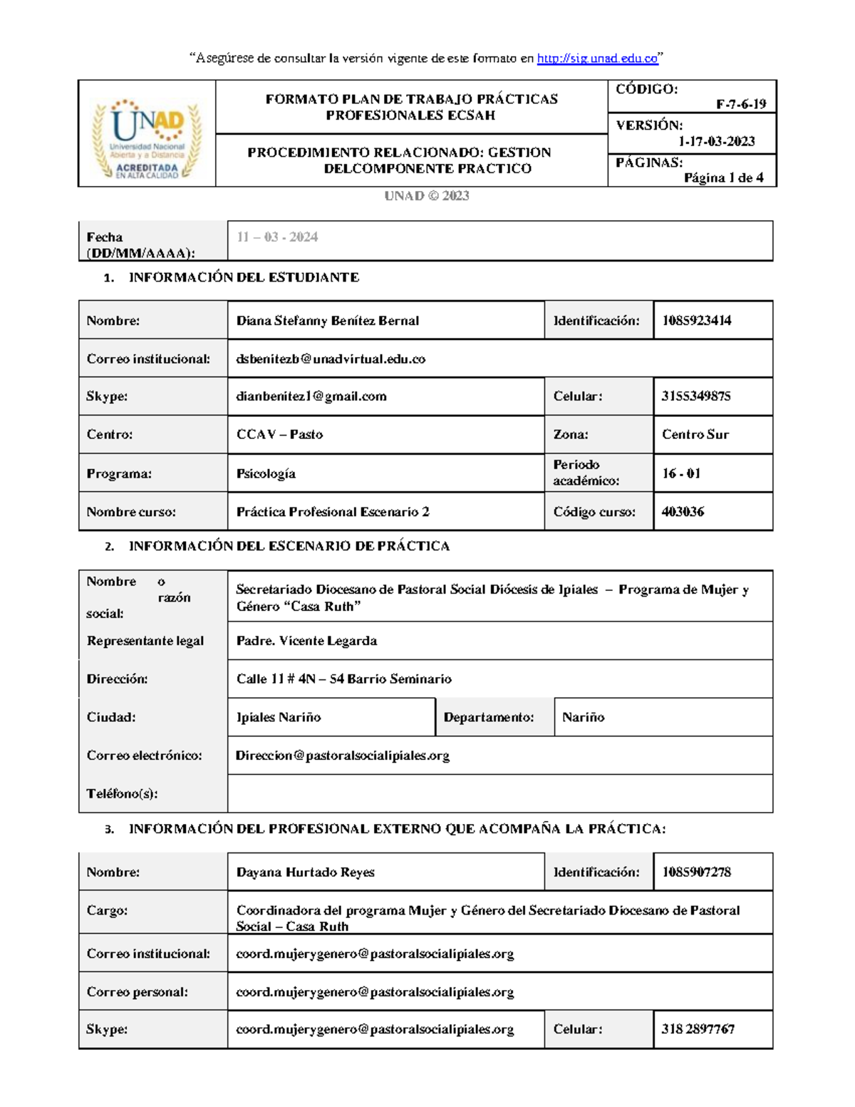F-7-6-19 - Plan de Trabajo - FORMATO PLAN DE TRABAJO PRÁCTICAS PROFESIONALES ECSAH CÓDIGO: F- 7 ...