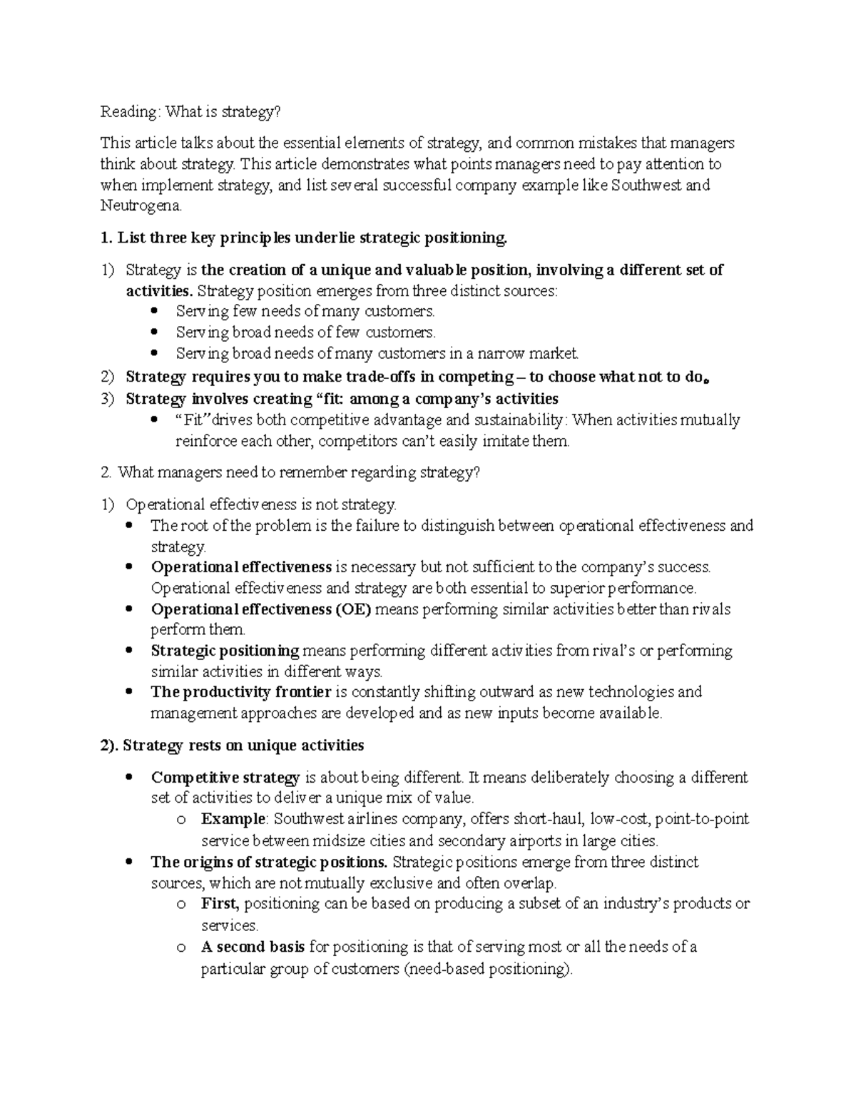 What is strategy - HBR Reading Notes - Reading: What is strategy? This ...