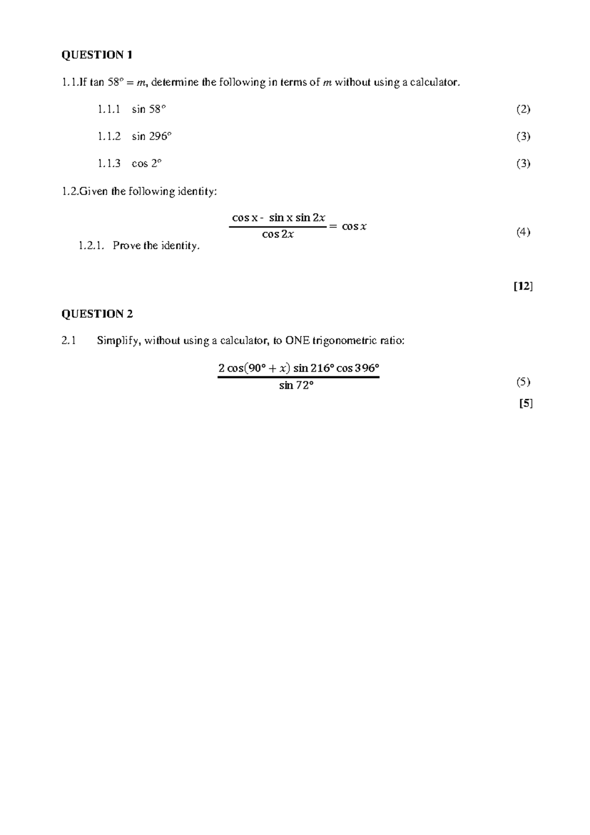 Gr12 MATH P2 QP ENG S13 Final QUESTION 1 1 1 Tan 58 M Determine