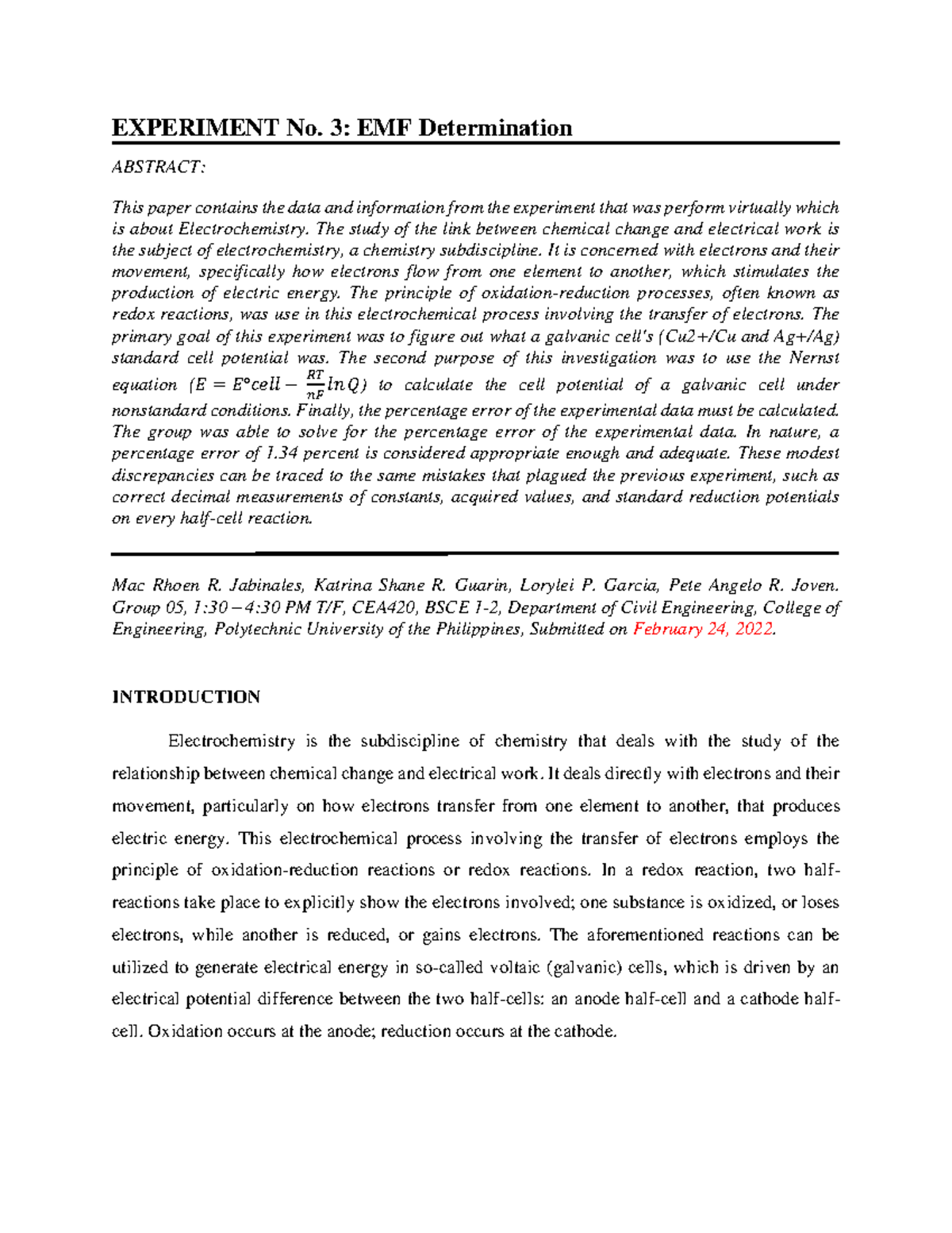 CE1 2 LAB03 GRP05 - hehe - EXPERIMENT No. 3: EMF Determination ABSTRACT ...