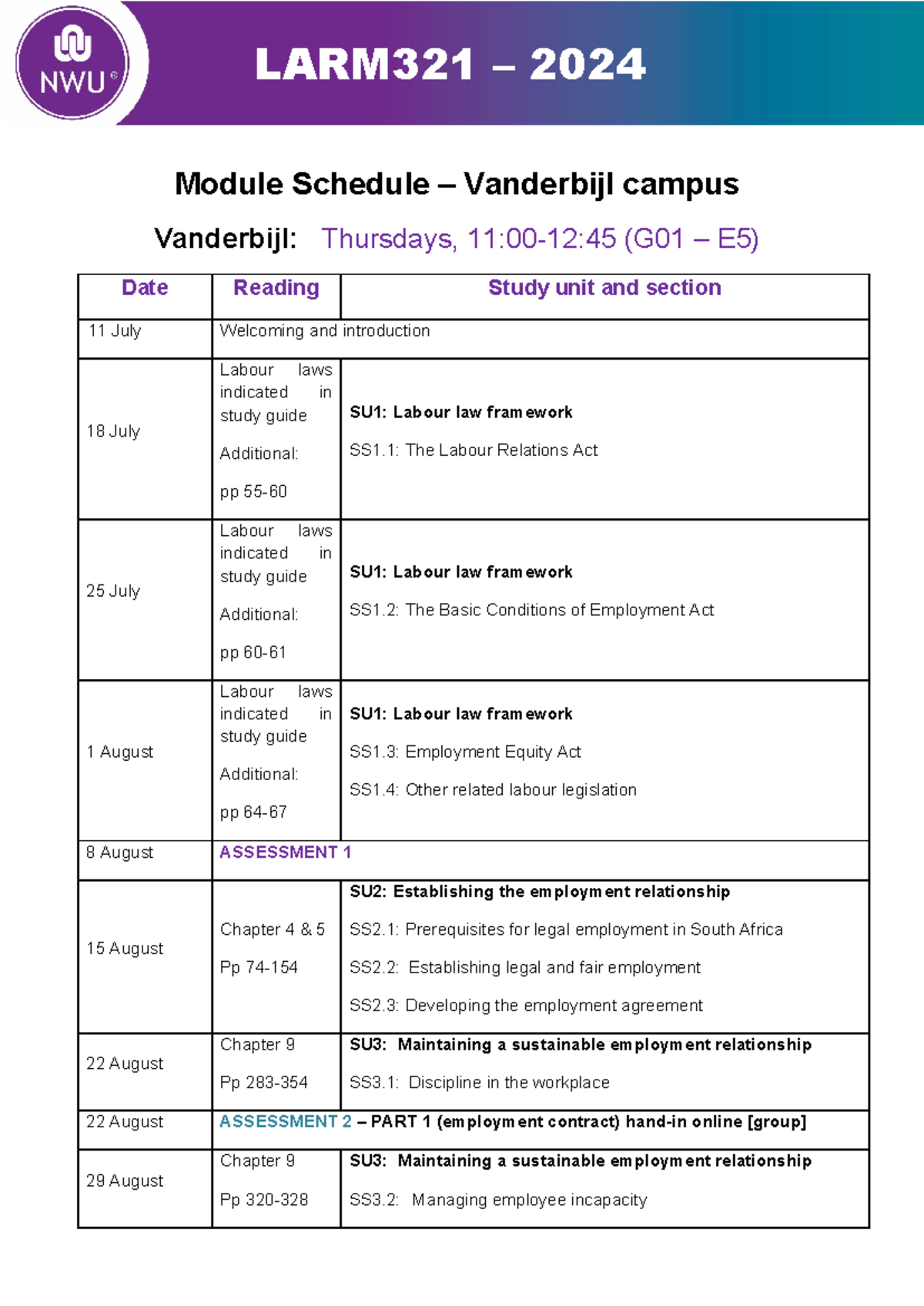 LARM321 Module Schedule 2024 Vanderbijl - Module Schedule – Vanderbijl ...