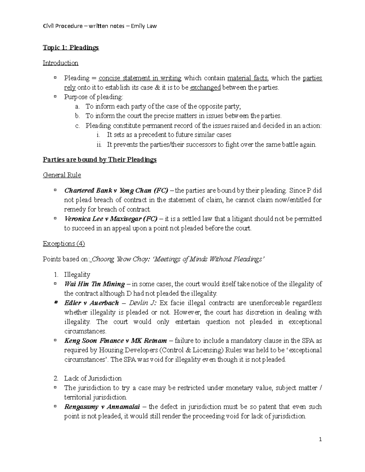 Written Notes Topic 1 - Topic 1: Pleadings Introduction Pleading ...