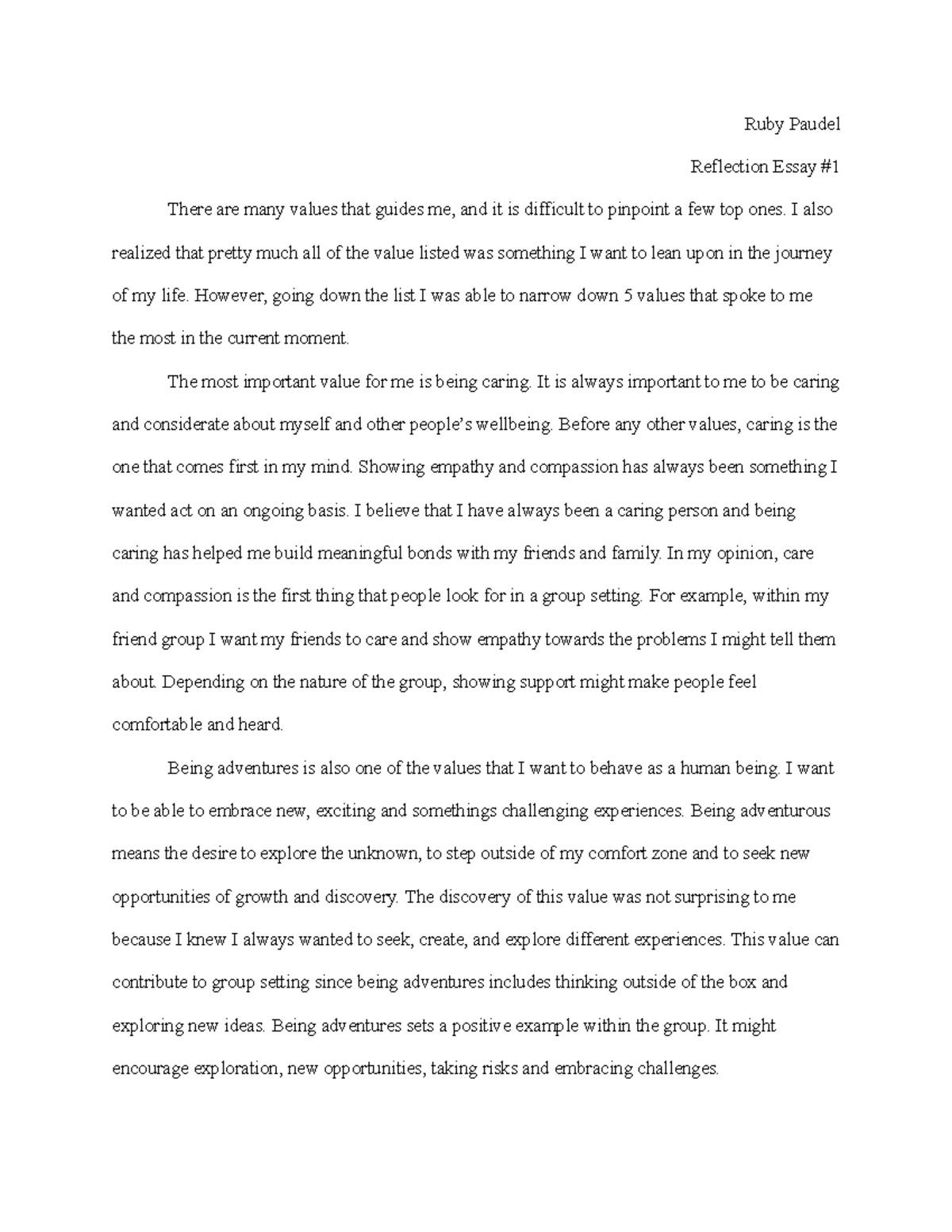 Reflection Paper - Ruby Paudel Reflection Essay # There are many values ...
