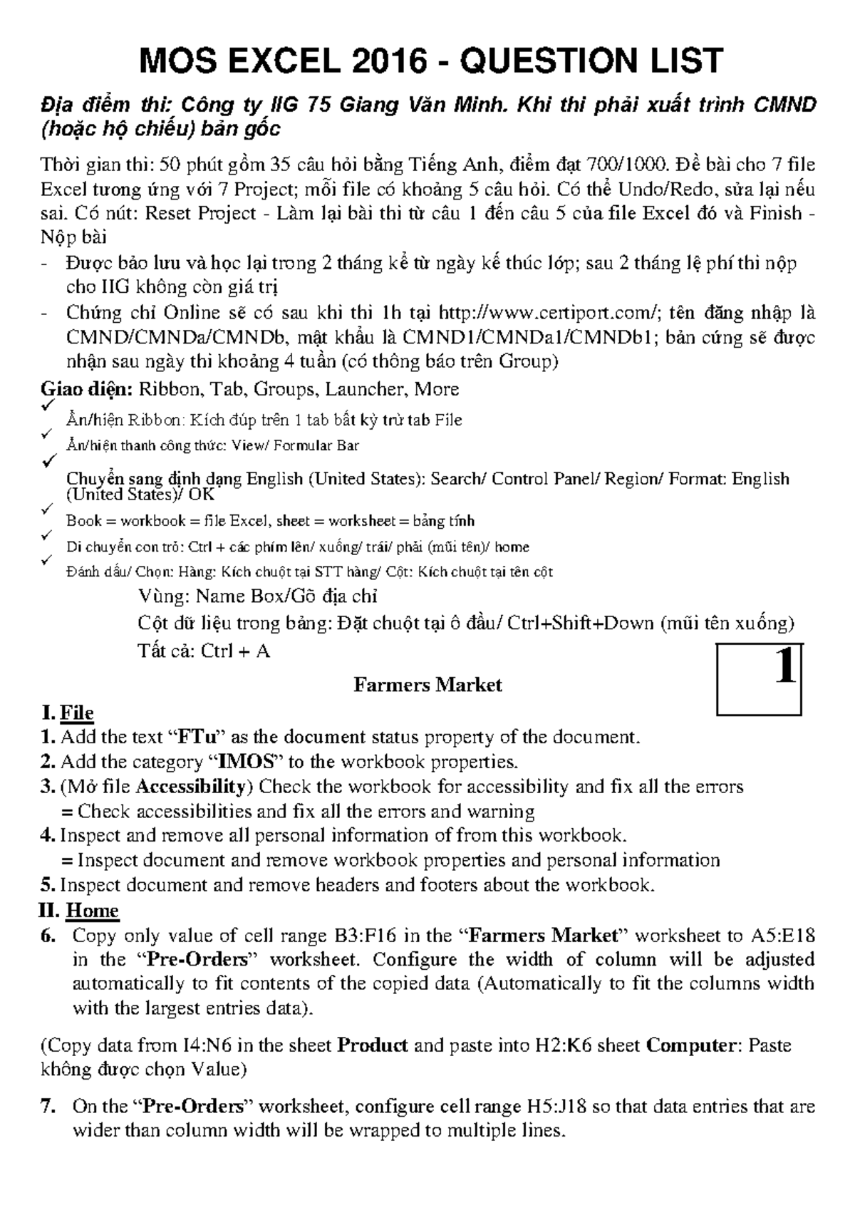 2021 Tổng hợp câu hỏi MOS Excel 2016 - MOS EXCEL 2016 - QUESTION LIST ...