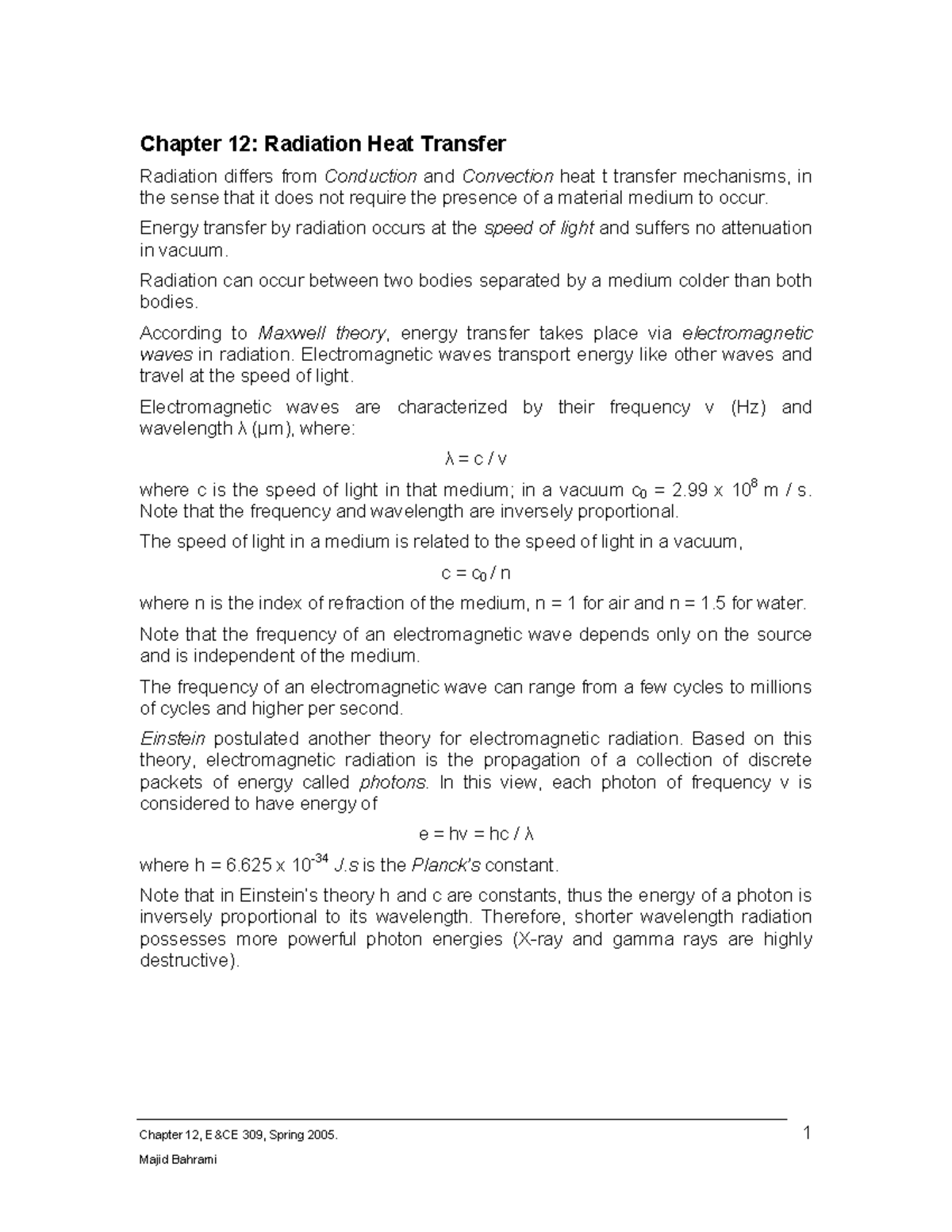 Notes on radiation heat transfer by teacher - Chapter 12, E&CE 309 ...
