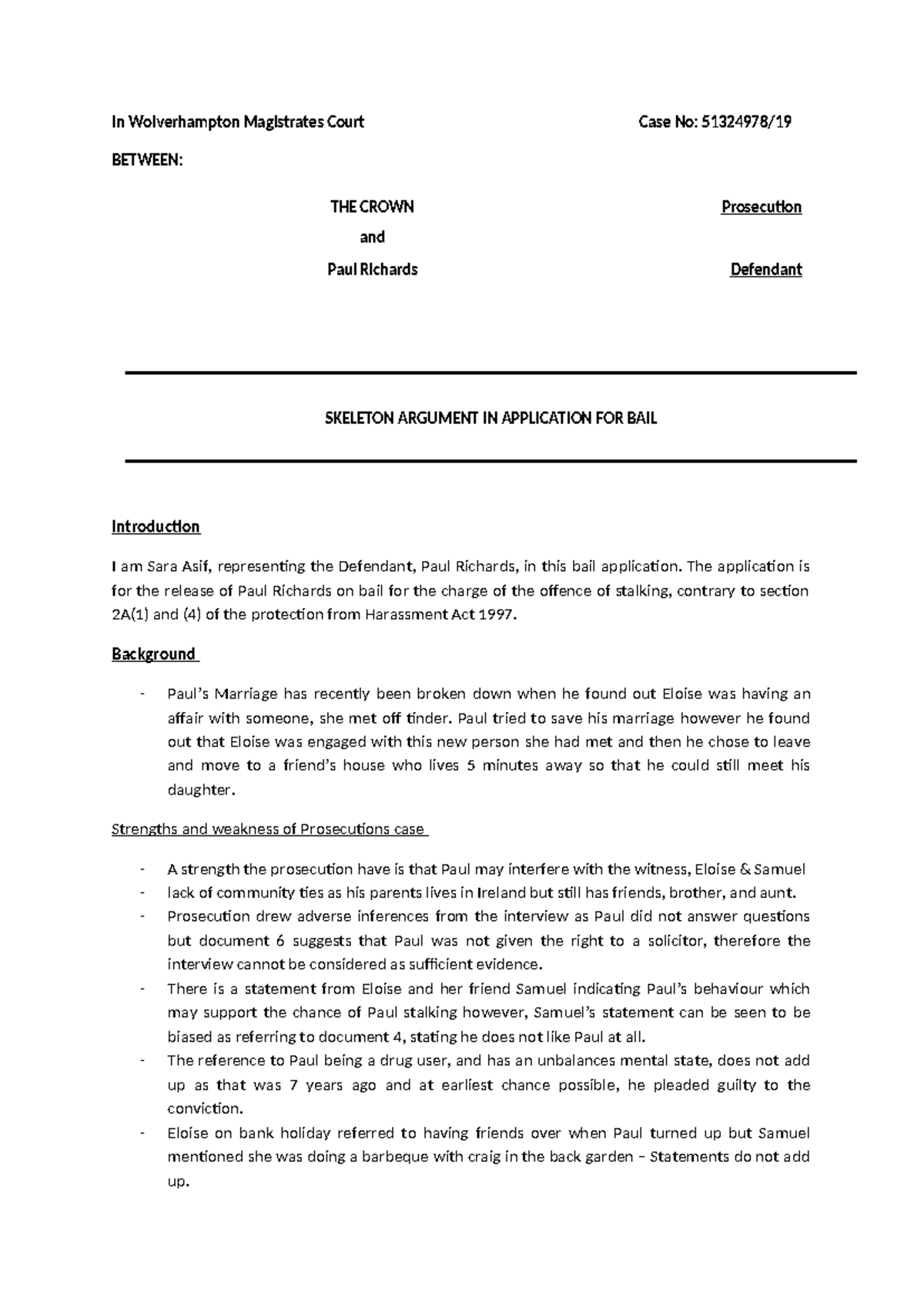 Skeleton Argument - Paul - In Wolverhampton Magistrates Court Case No ...