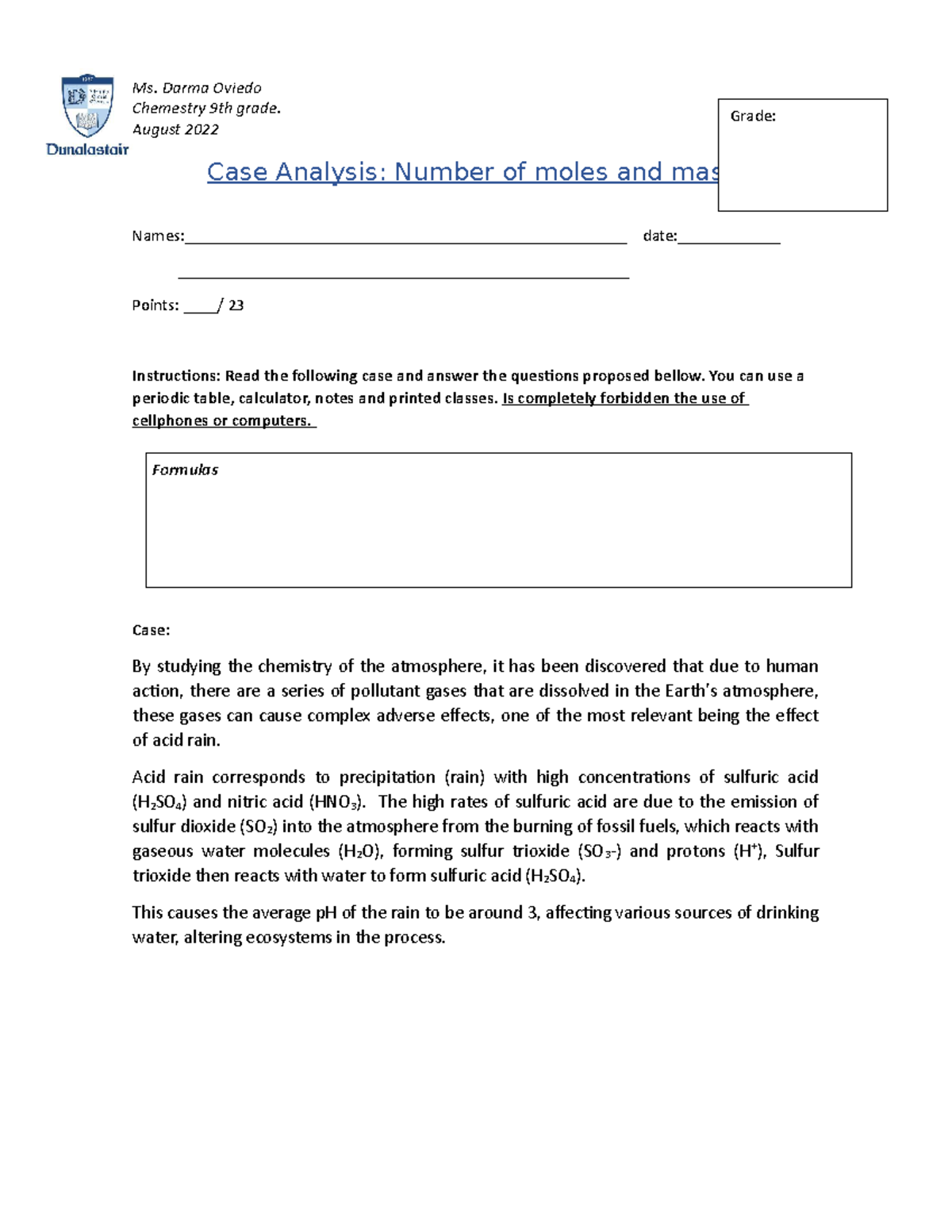 Case Analysis Moles and Mass - Ms. Darma Oviedo Chemestry 9th grade ...