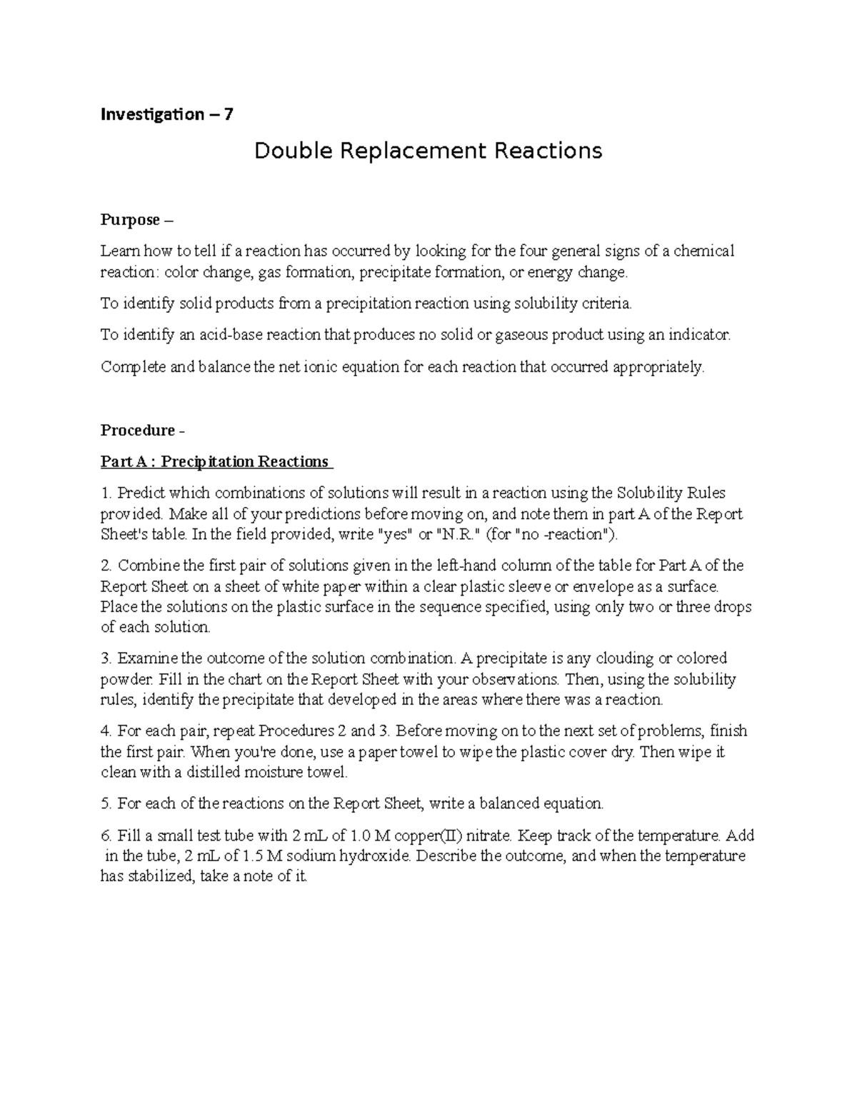 Lab Investigation 7 - Quiz - Investigation – 7 Double Replacement ...