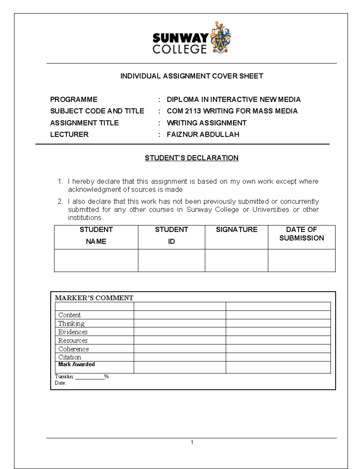 COM 2113 Individual Assignment 50 - INDIVIDUAL ASSIGNMENT COVER SHEET ...