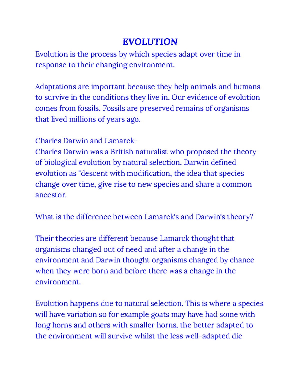 Evolution - EVOLUTION Evolution is the process by which species adapt ...