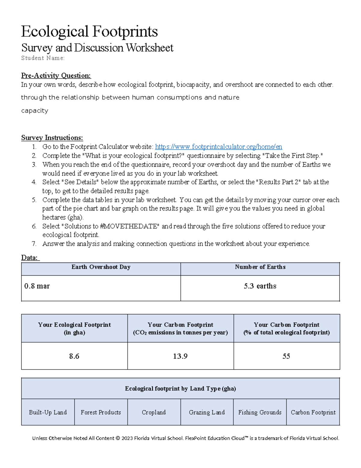 06 01 discussion worksheet - Ecological Footprints Survey and ...