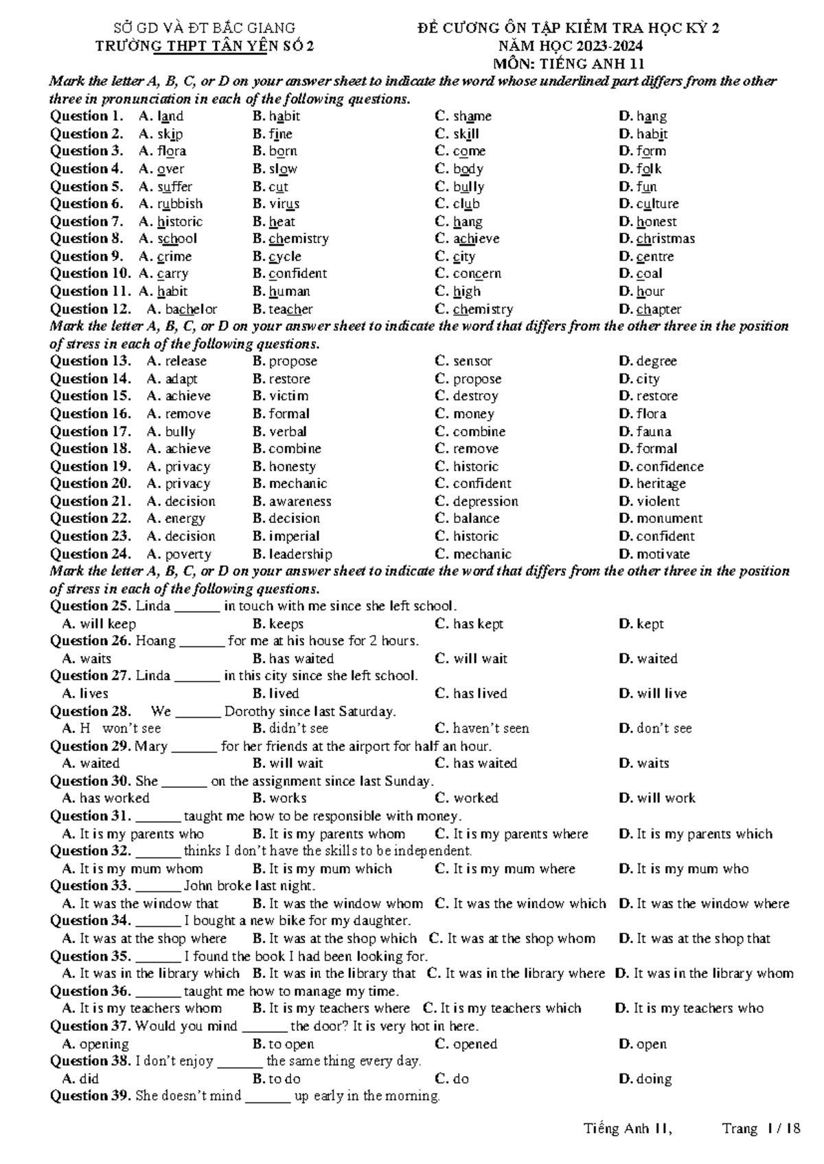 Đề cương ôn tập HK2-Tiếng Anh 11 - SỞ GD VÀ ĐT BẮC GIANG TRƯỜNG THPT TÂN YÊN SỐ 2 ĐỀ CƯƠNG ÔN ...