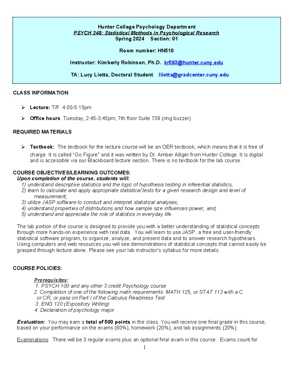 Syllabus Psych 248 Fall 2024 REV - Hunter College Psychology Department PSYCH 248: Statistical ...