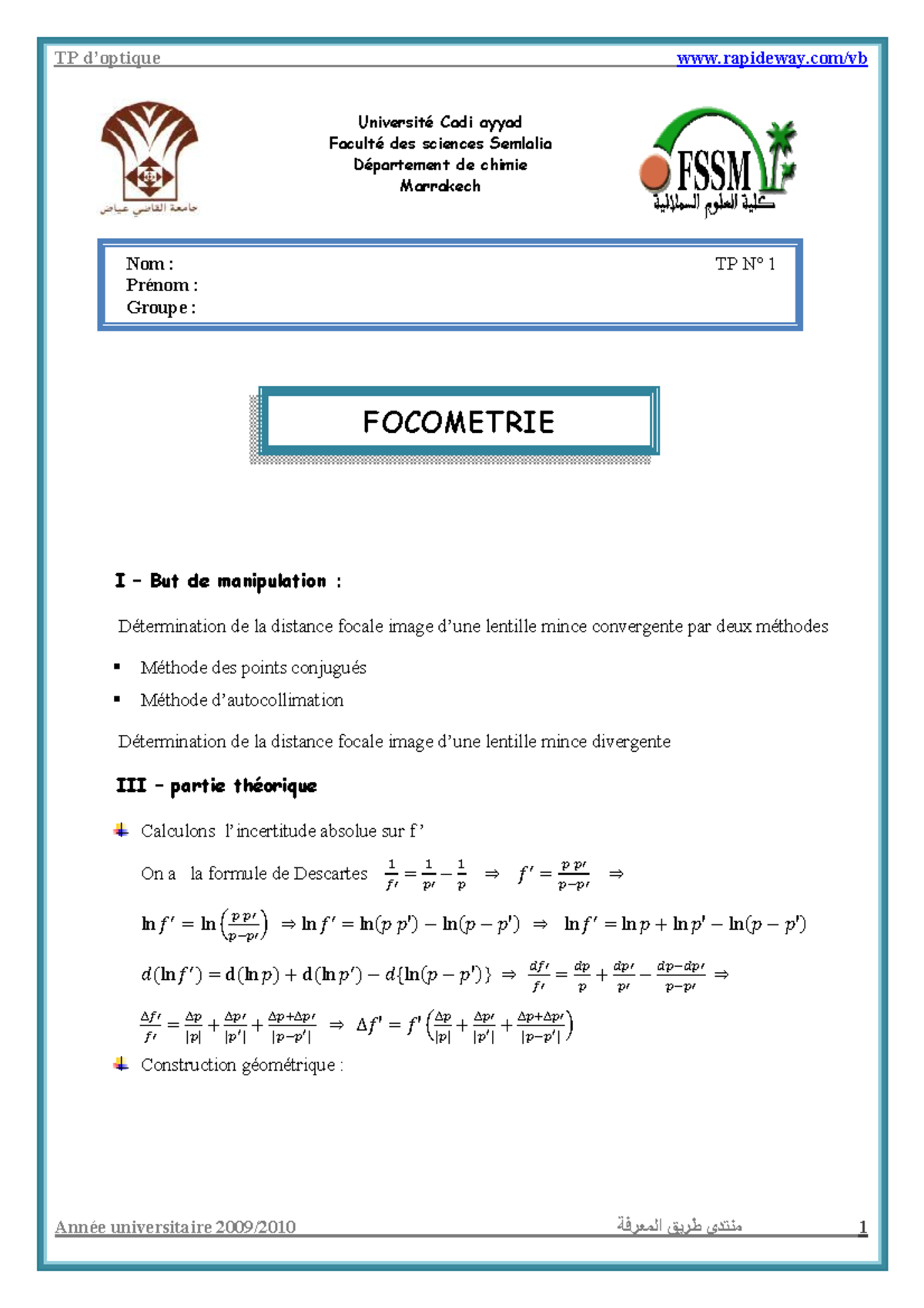 Focometrie - RIEN - I – But de manipulation : Détermination de la distance focale image d’une ...