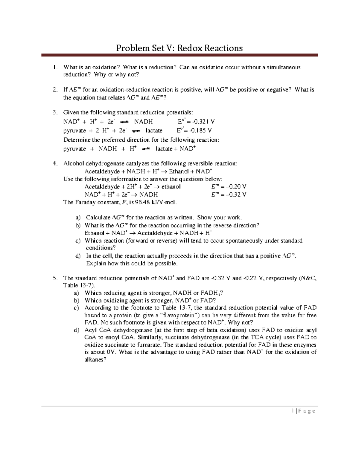 Problem Set V redox reactions - Problem Set V: Redox Reactions 1 | P a ...