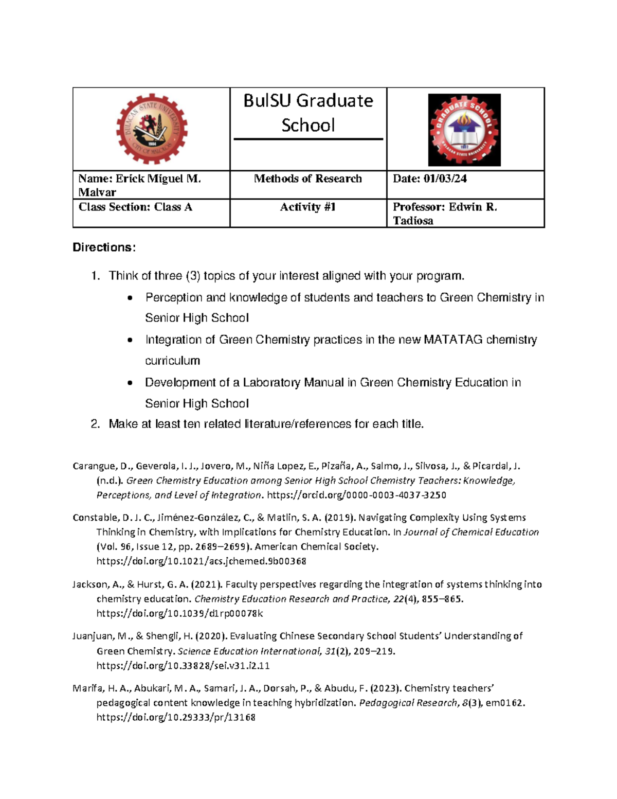 Erick Miguel Malvar - Methods of Research 1st activity - BulSU Graduate ...