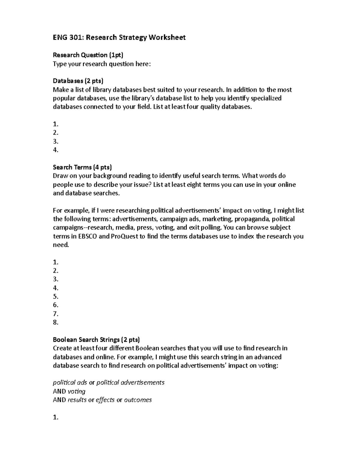 Eng301 document research Strategy Worksheet 1 - ENG 301: Research ...