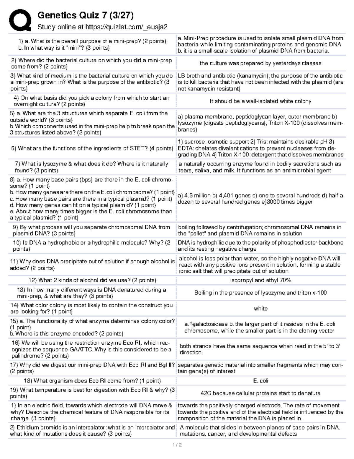 Genetics lab quiz week 7 (3:27) - Genetics Quiz 7 (3/27) Study online ...