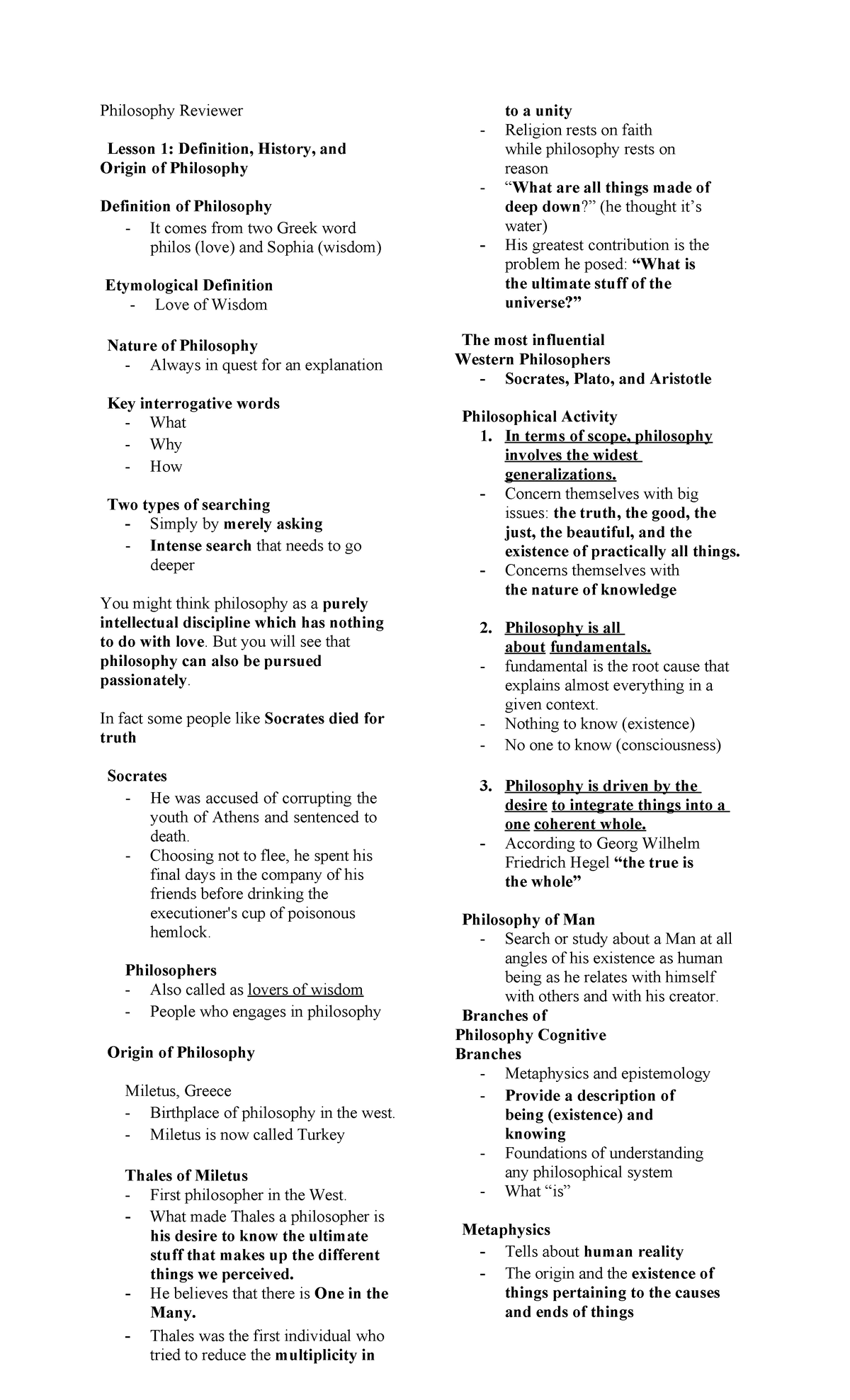 Hsksbsjsbs shsjns - Philosophy Reviewer Lesson 1: Definition, History ...