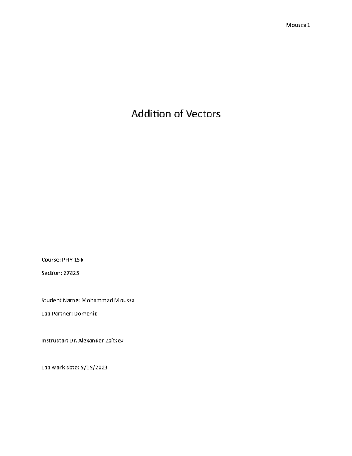 Addition of vectorsprintlab - Addition of Vectors Course: PHY 156 ...