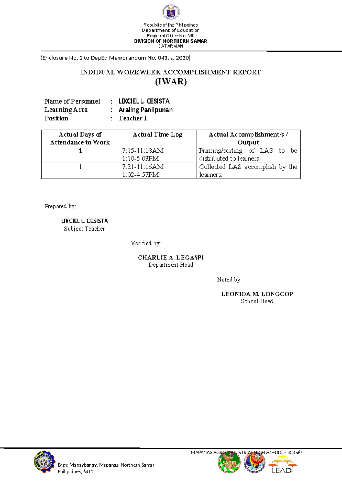IWAR Individual Workweek Accomplishment Report - Republic of the ...