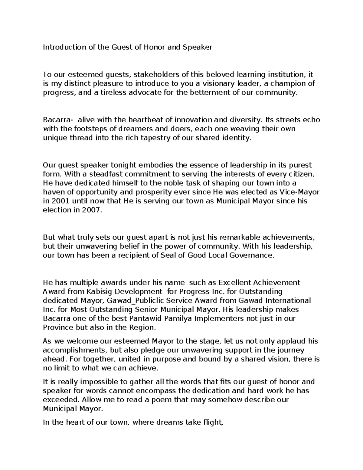 Introduction of the Guest of Honor and Speaker - Bacarra- alive with ...