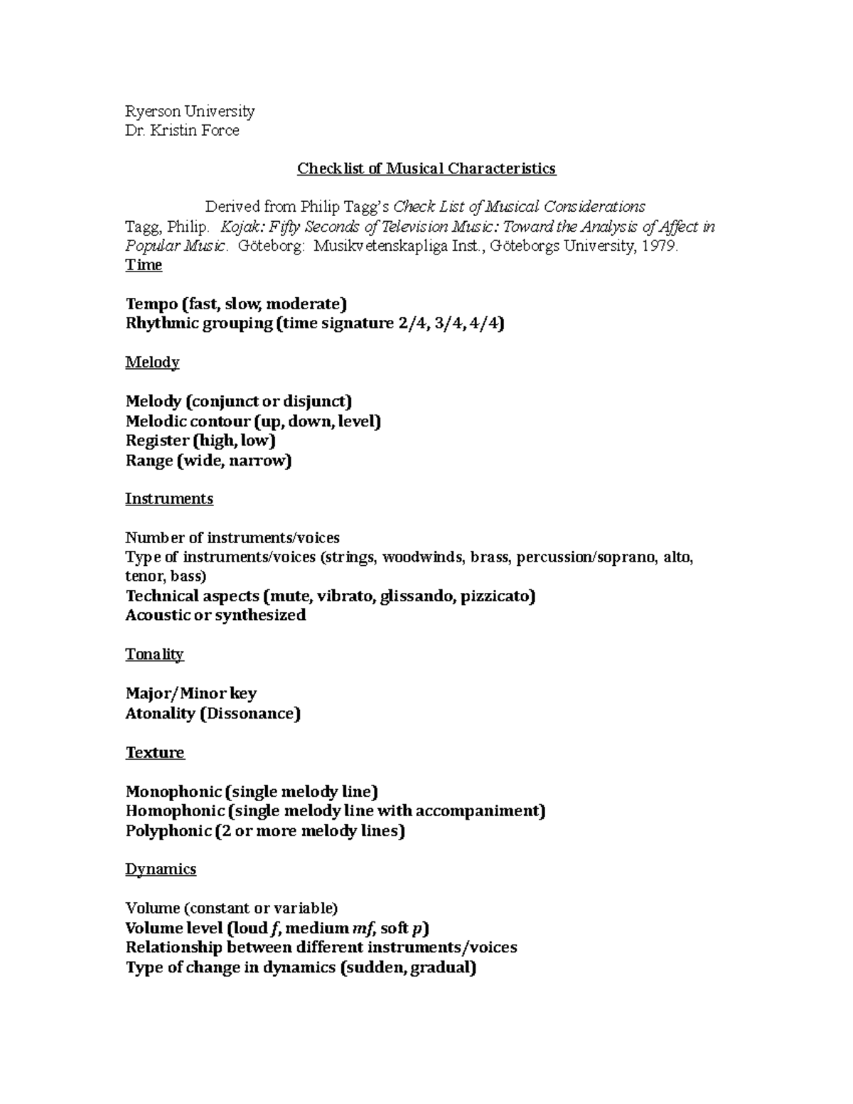 Musical Checklist - Ryerson University Dr. Kristin Force Checklist of ...