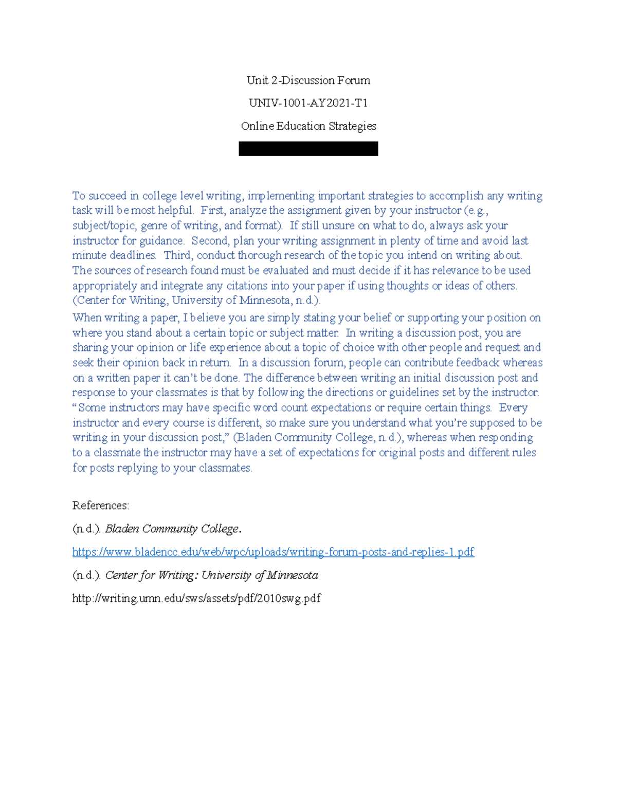 Unit 2-Discussion Forum-OES - Unit 2-Discussion Forum UNIV-1001-AY2021 ...