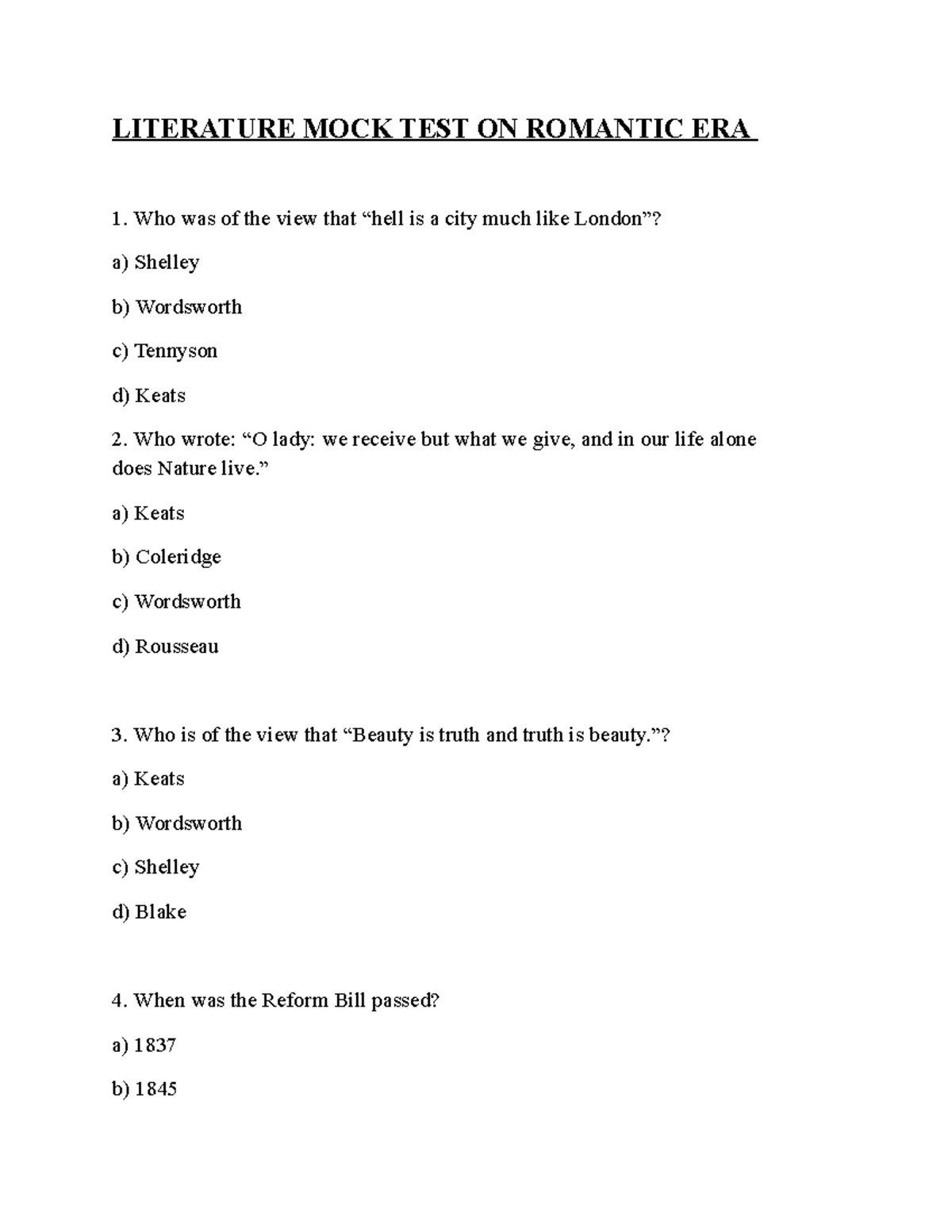 Mock Test Questions based on Romantic age (the last years of the 18th ...