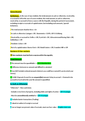 Overview OF ALL TAX Calculations - FRAMEWORK: Gross income o Special ...