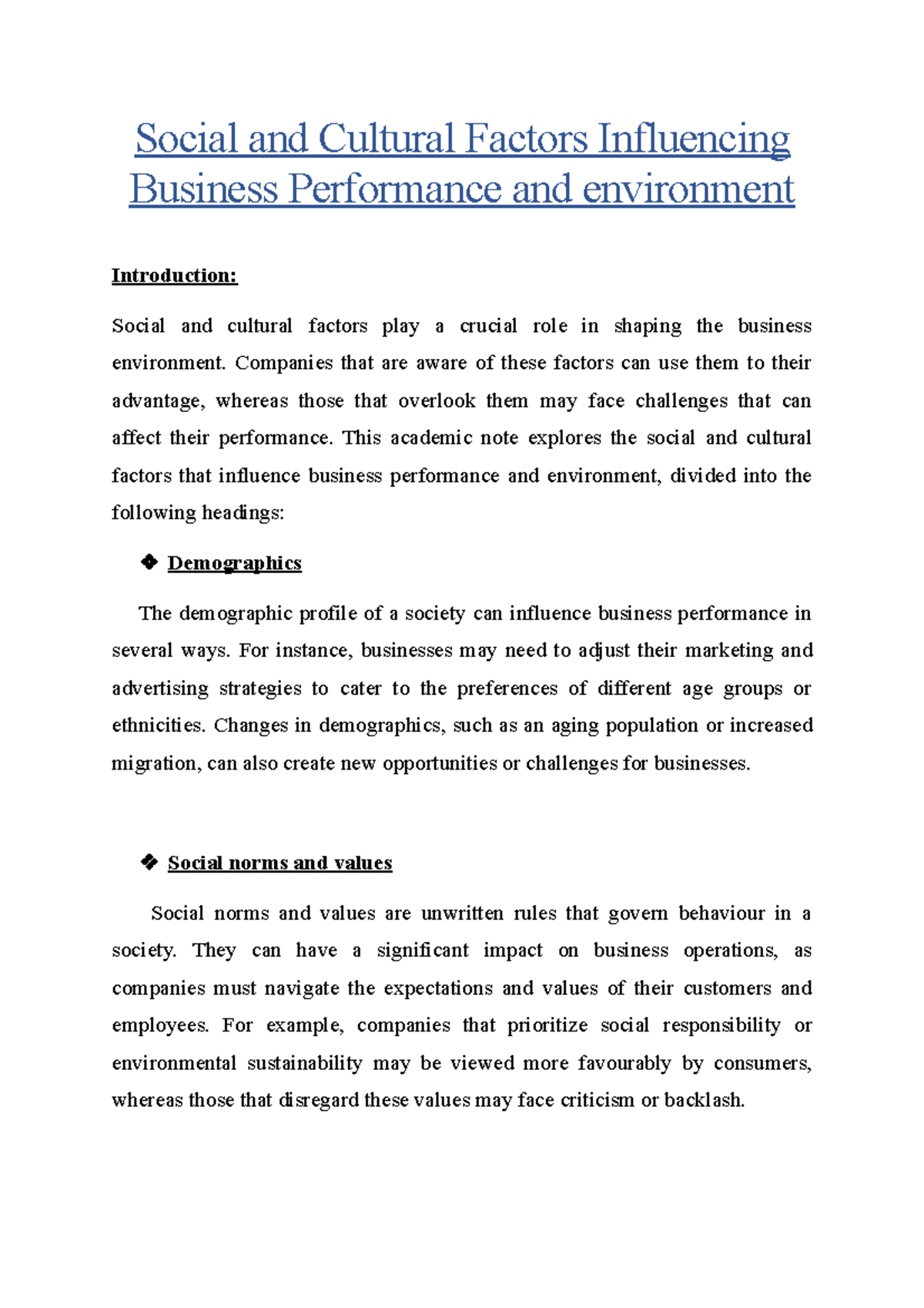 Social and Cultural Factors Influencing Business Performance and ...