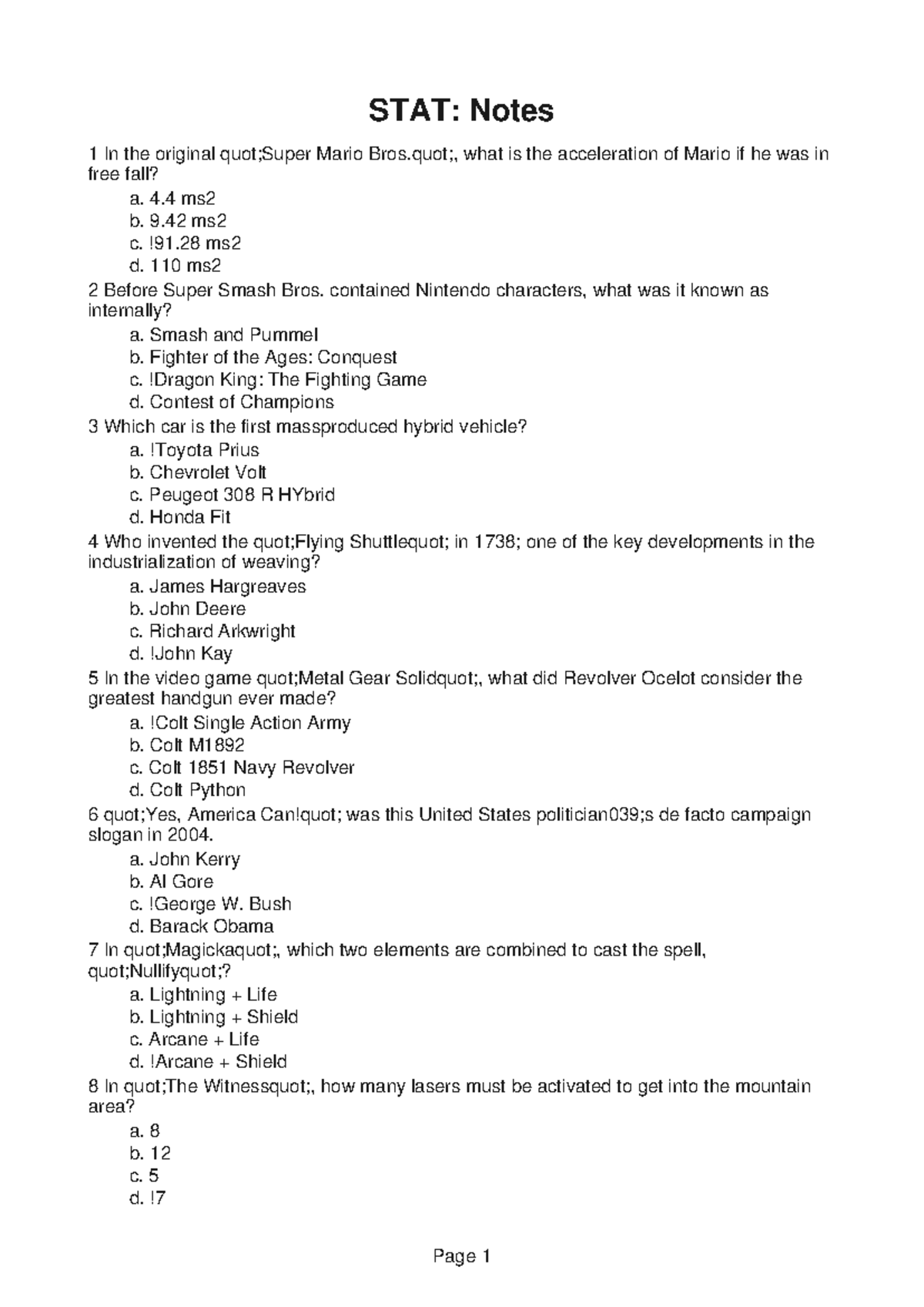 STAT182 Report 3 - STAT: Notes 1 In the original quot;Super Mario Bros ...