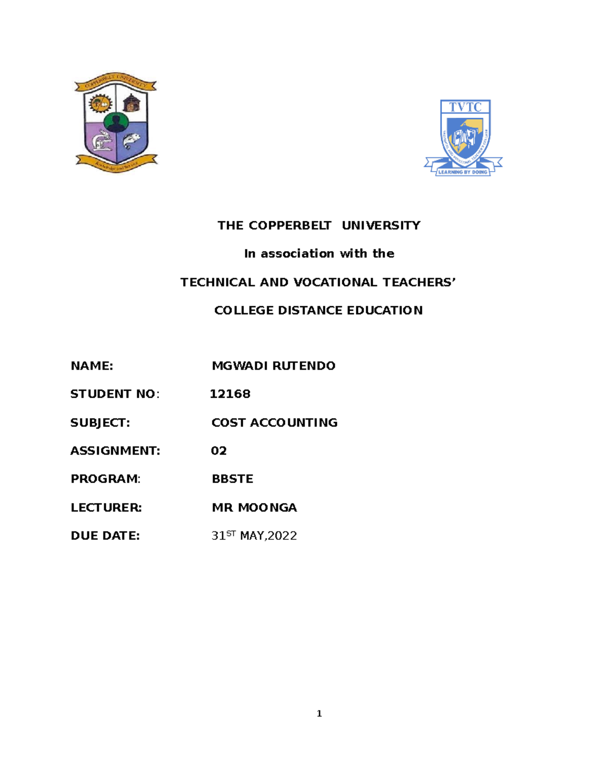 Rutendo Mugwadi assignment 2 - THE COPPERBELT UNIVERSITY In association ...