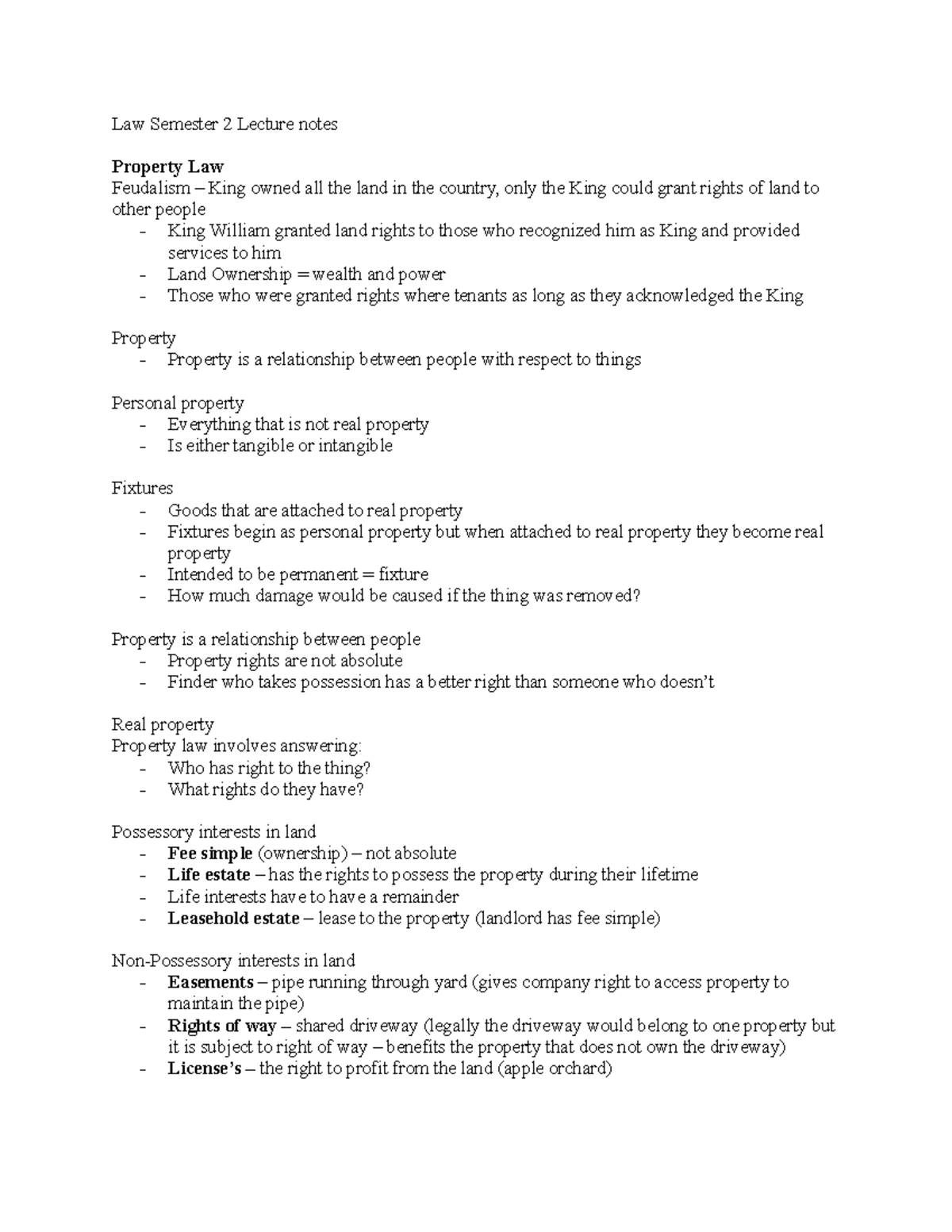Law Semester 2 Lecture notes - Law Semester 2 Lecture notes Property ...