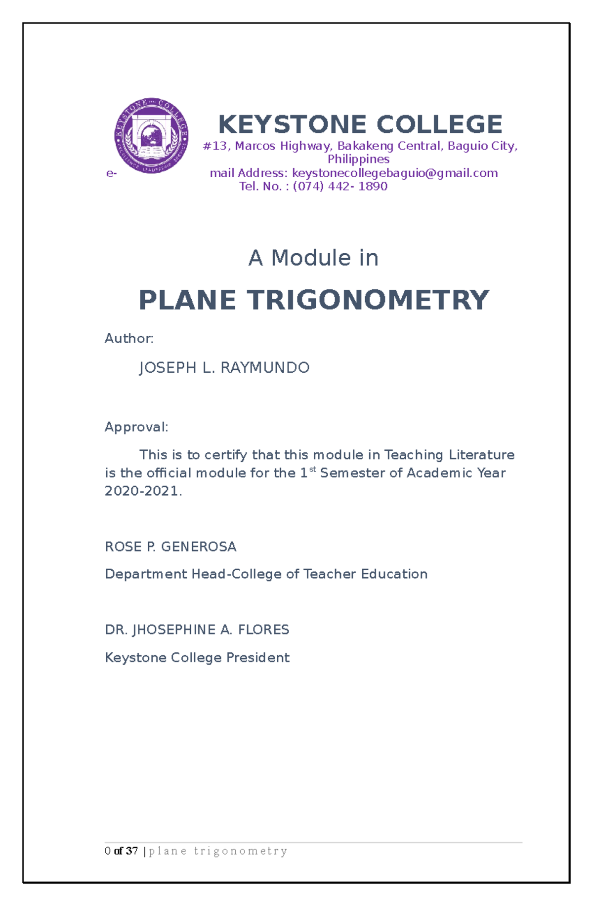 Plane Trigonometry Module And Lecture Notes 15 Mathematics Of