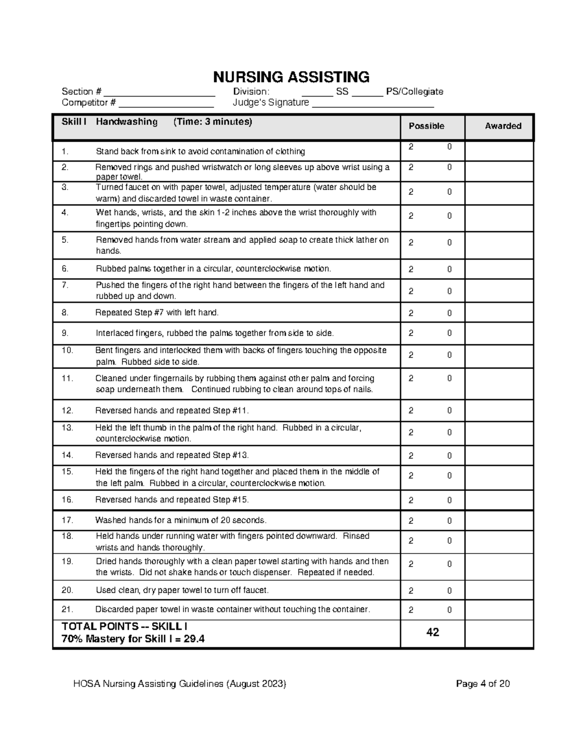 Handwashing HOSA - HOSA Nursing Assisting Guidelines (August 2023 ) Page 4 of 20 NURSING ...
