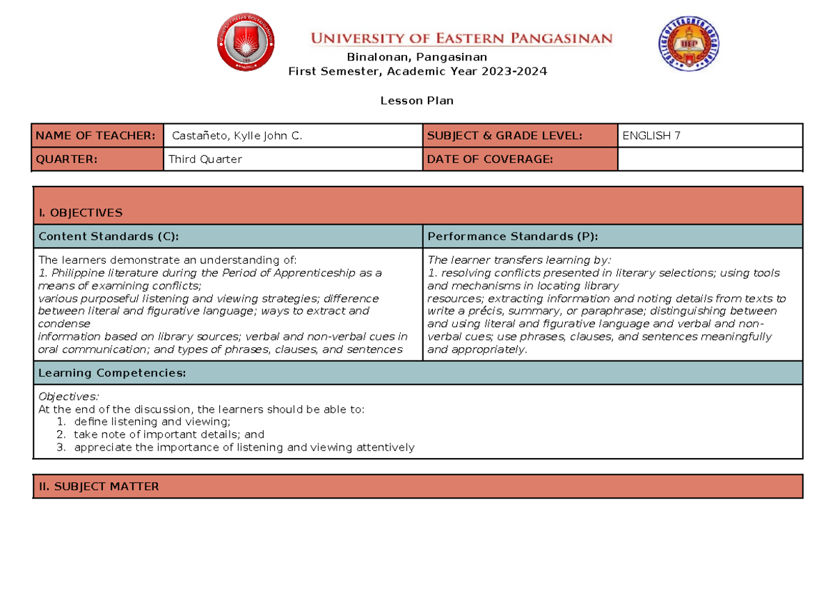 LP-Q4-W3 - Lesson Plan - First Semester, Academic Year 2023- Lesson ...
