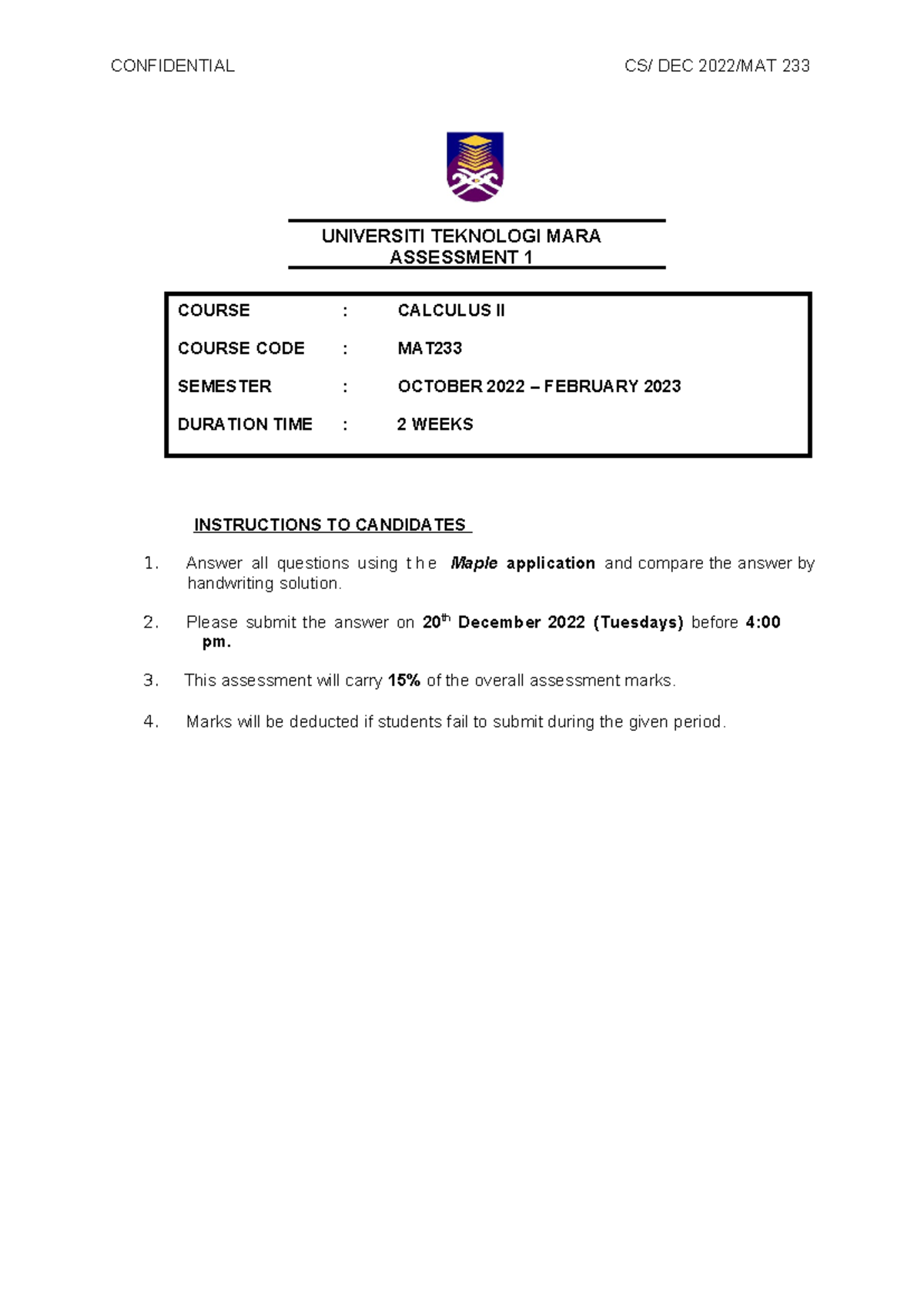 Assessment 1 MAT233 Maple Lab Assignment - UNIVERSITI TEKNOLOGI MARA ...
