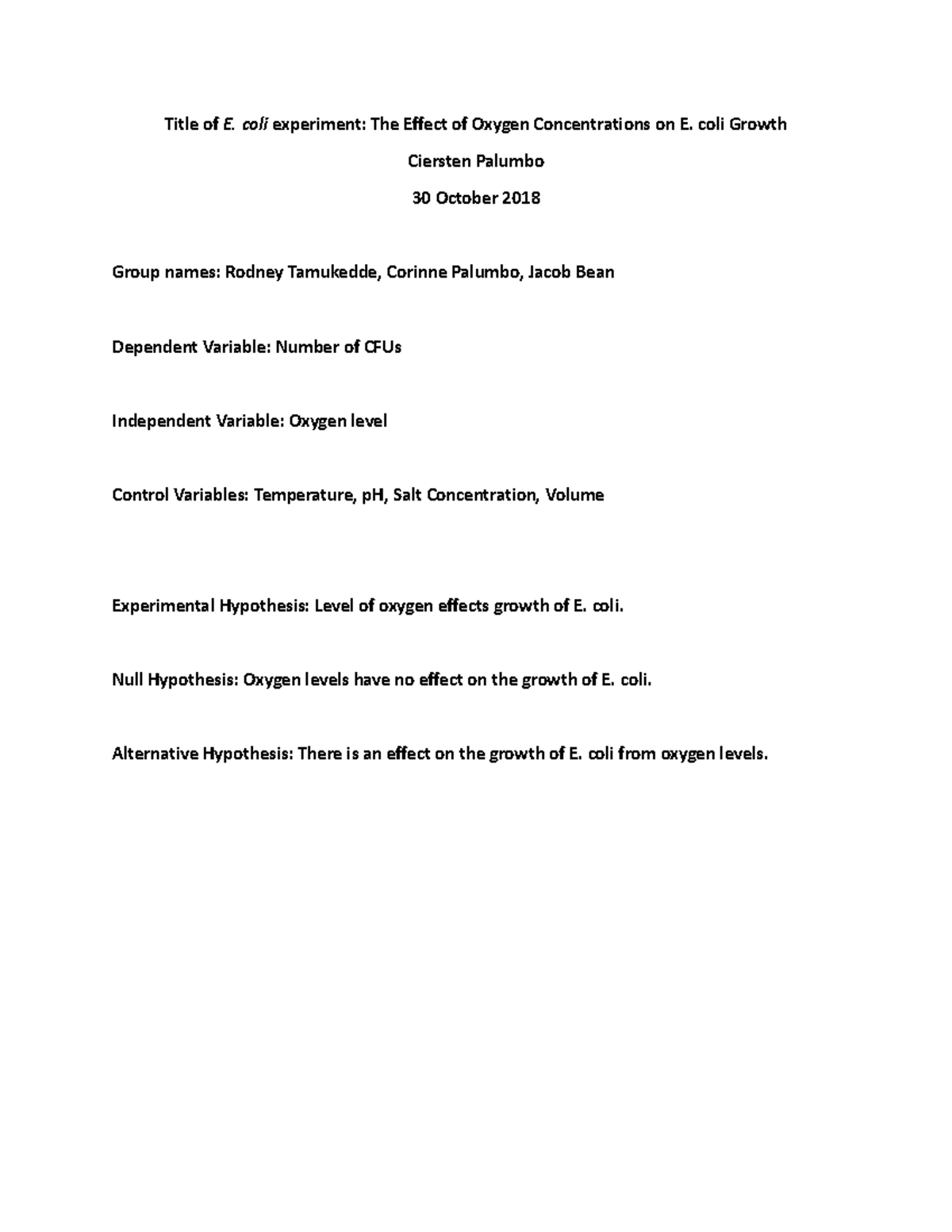 E. COLI LAB - ecoli - Title of E. coli experiment: The Effect of Oxygen ...