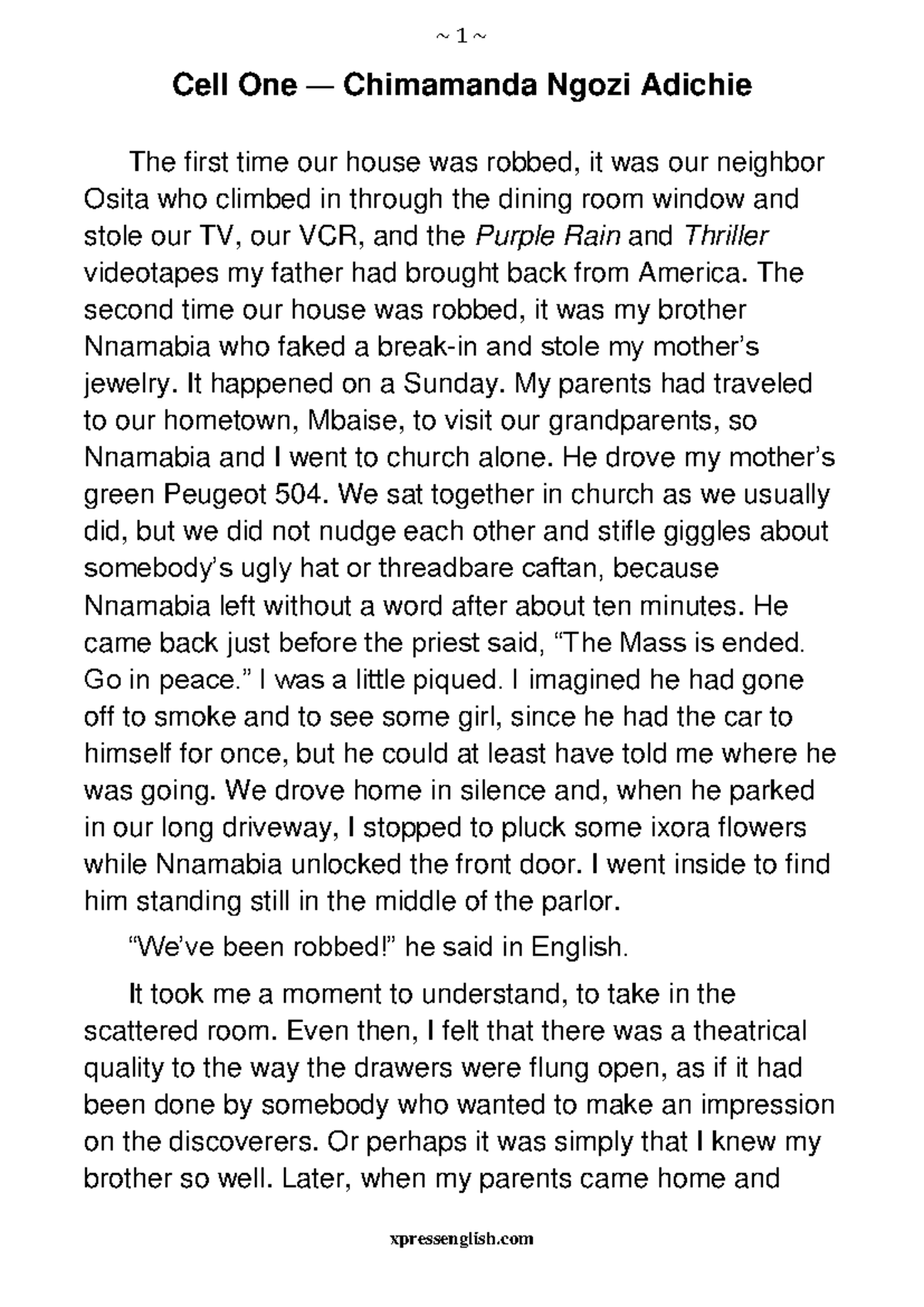 Cell-One - Textural analysis - Cell One — Chimamanda Ngozi Adichie The ...