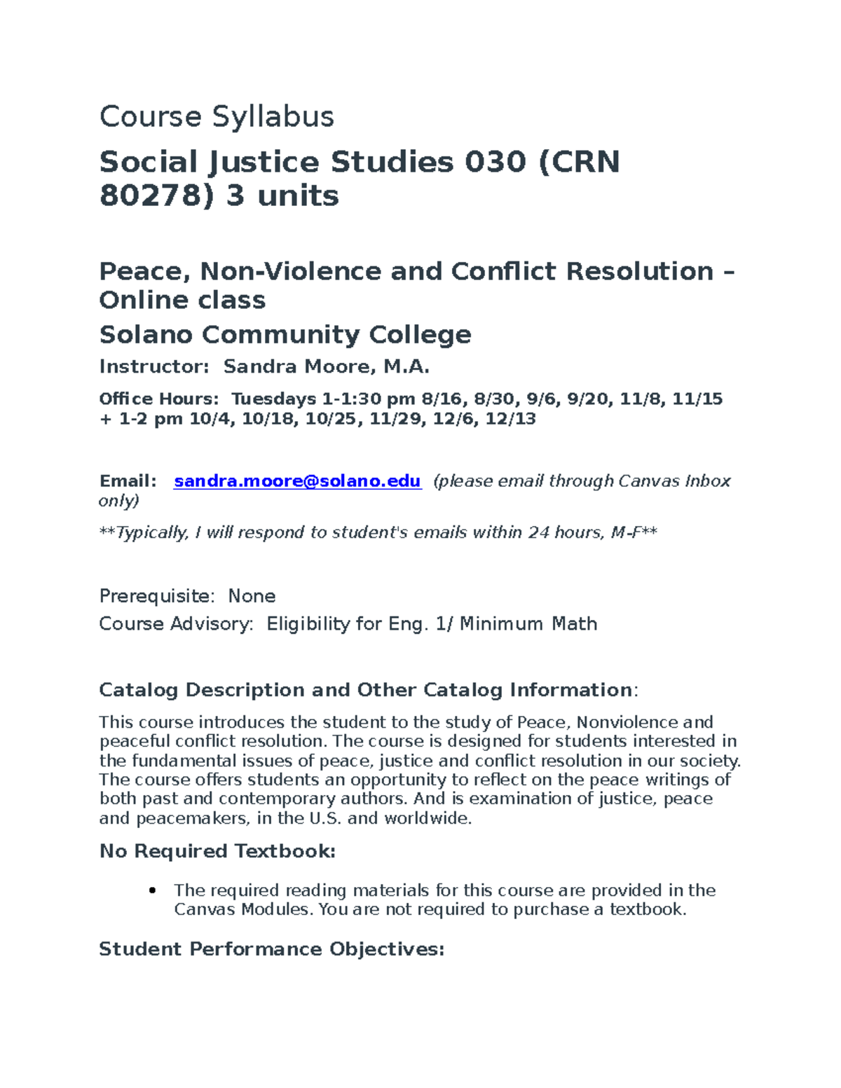 Course Syllabus Peace - Course Syllabus Social Justice Studies 030 (CRN ...