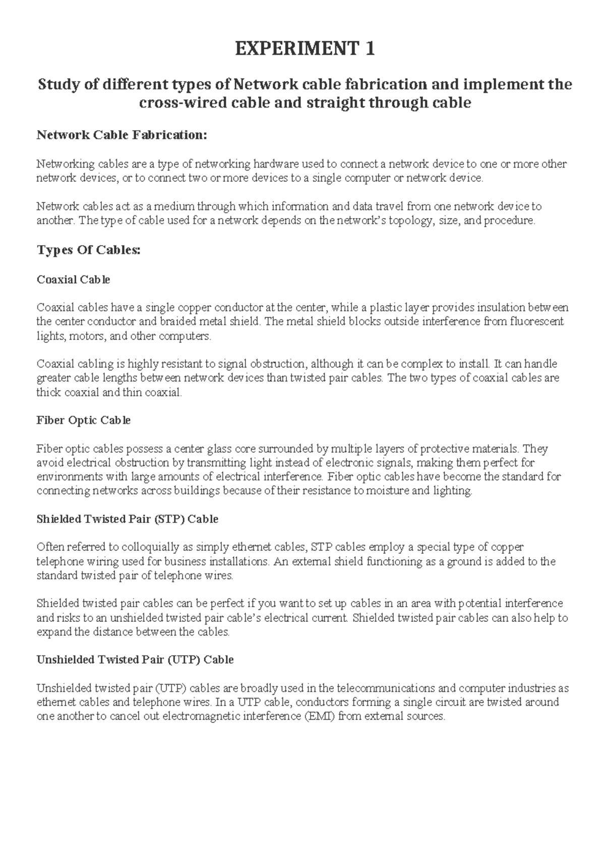 Cn exp 1 - EXPERIMENT 1 Study of different types of Network cable fabrication and implement the ...