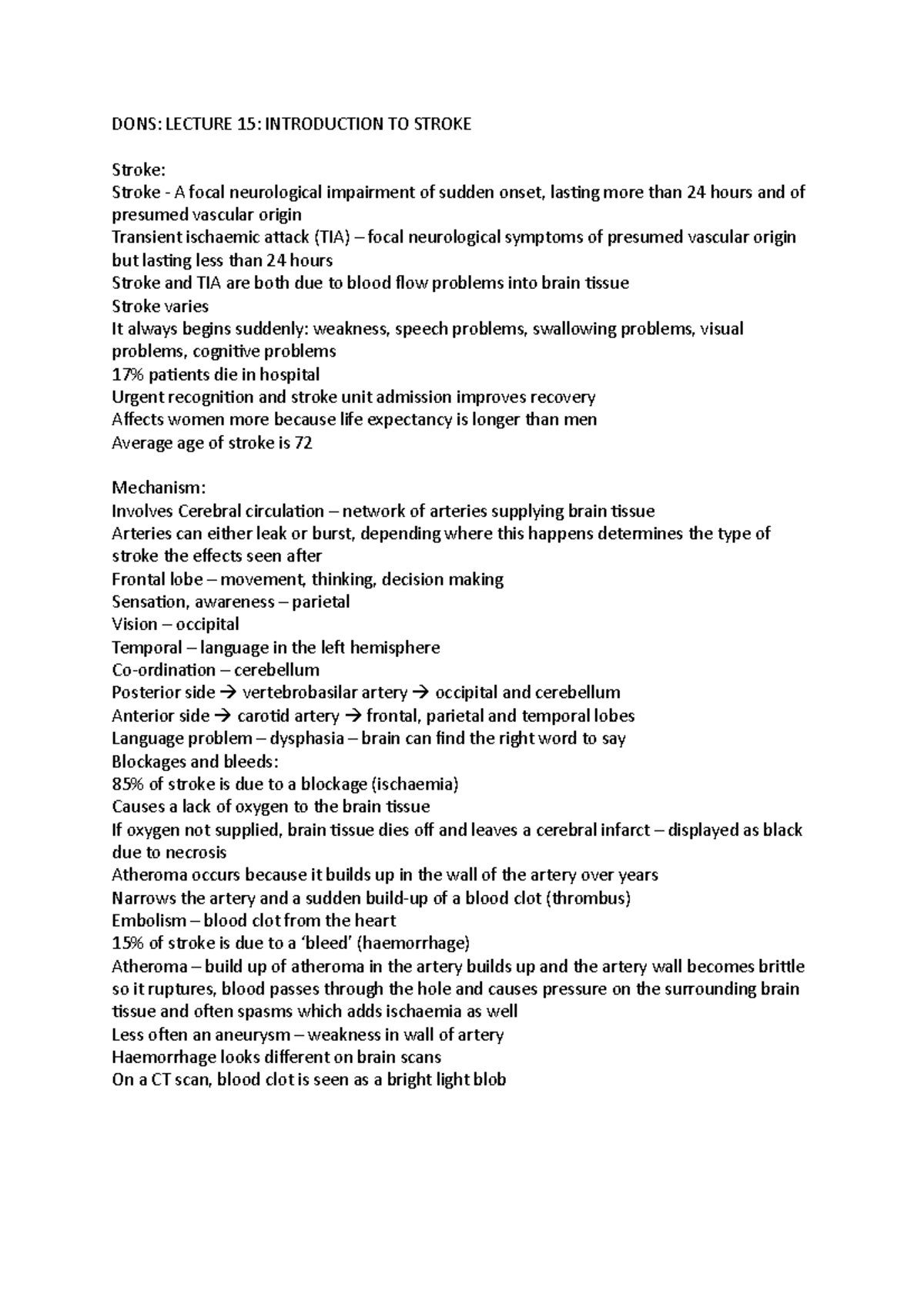 L15 - Lecture notes 15 - DONS: LECTURE 15: INTRODUCTION TO STROKE ...