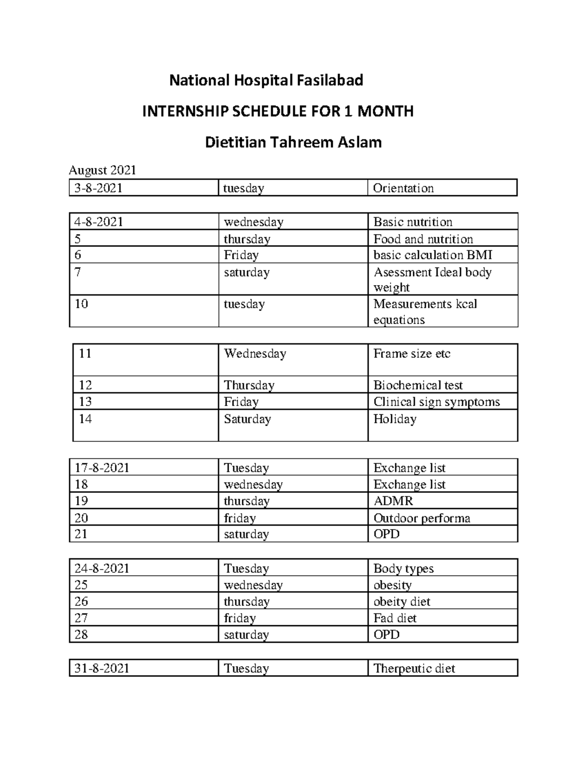 Internship schedule 1st - National Hospital Fasilabad INTERNSHIP ...
