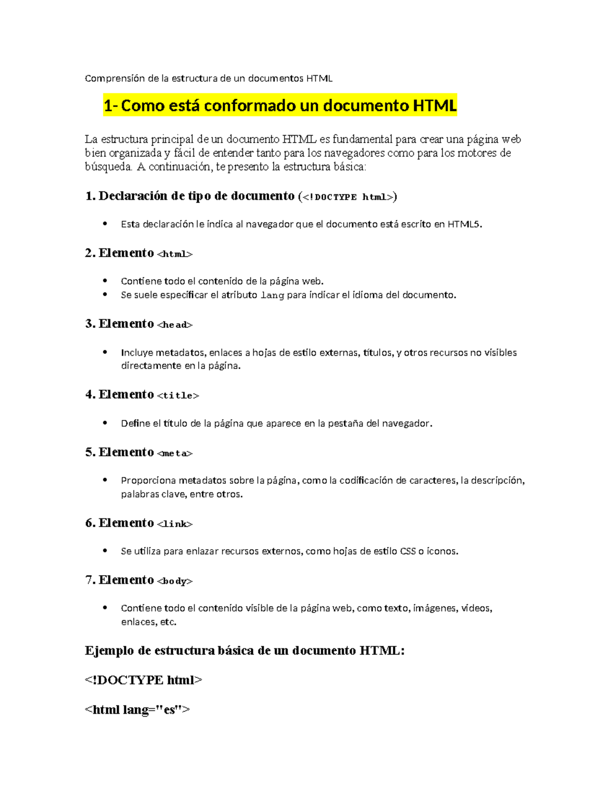Comprensión de la estructura de un documentos HTML - A continuación, te presento la estructura ...