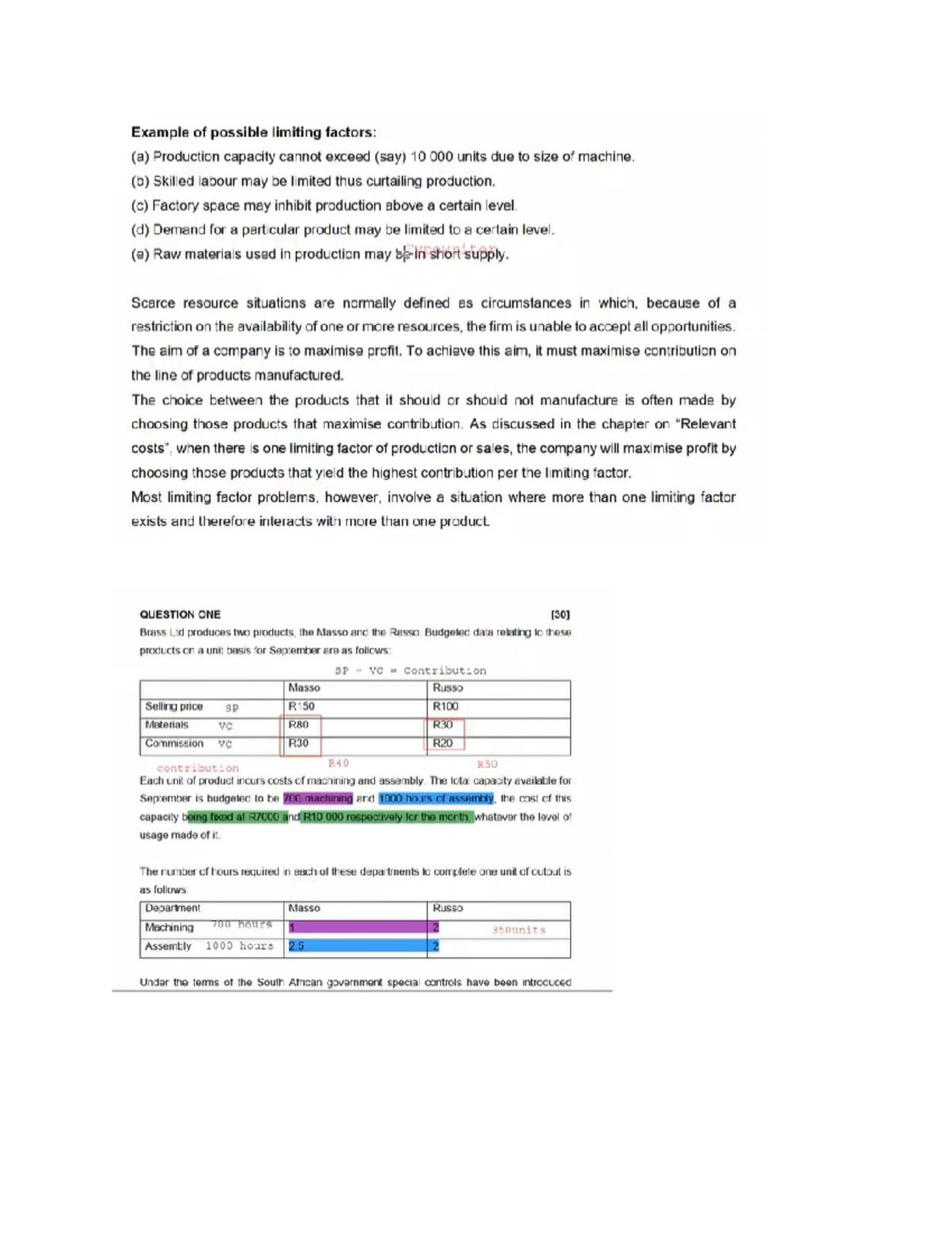 ADv FM question and solution - Example of possible limiting factors: (a) Production capacity ...