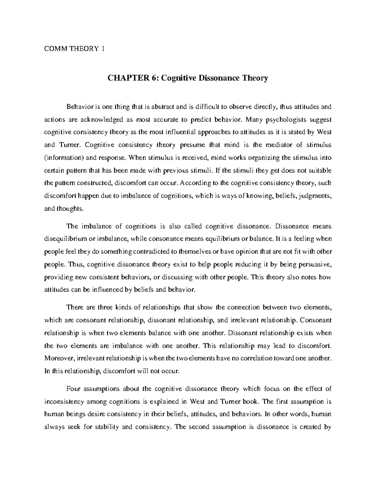 Communication Theory - Cognitive Dissonance Theory - COMM THEORY 1 ...