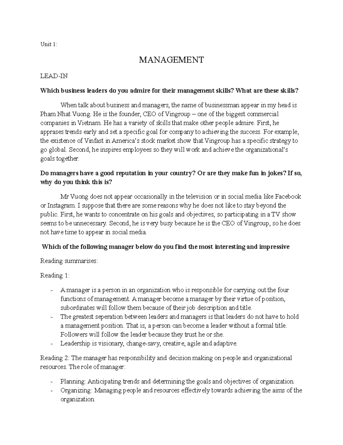 Unit 1 - Management - Unit 1: MANAGEMENT LEAD-IN Which business leaders ...