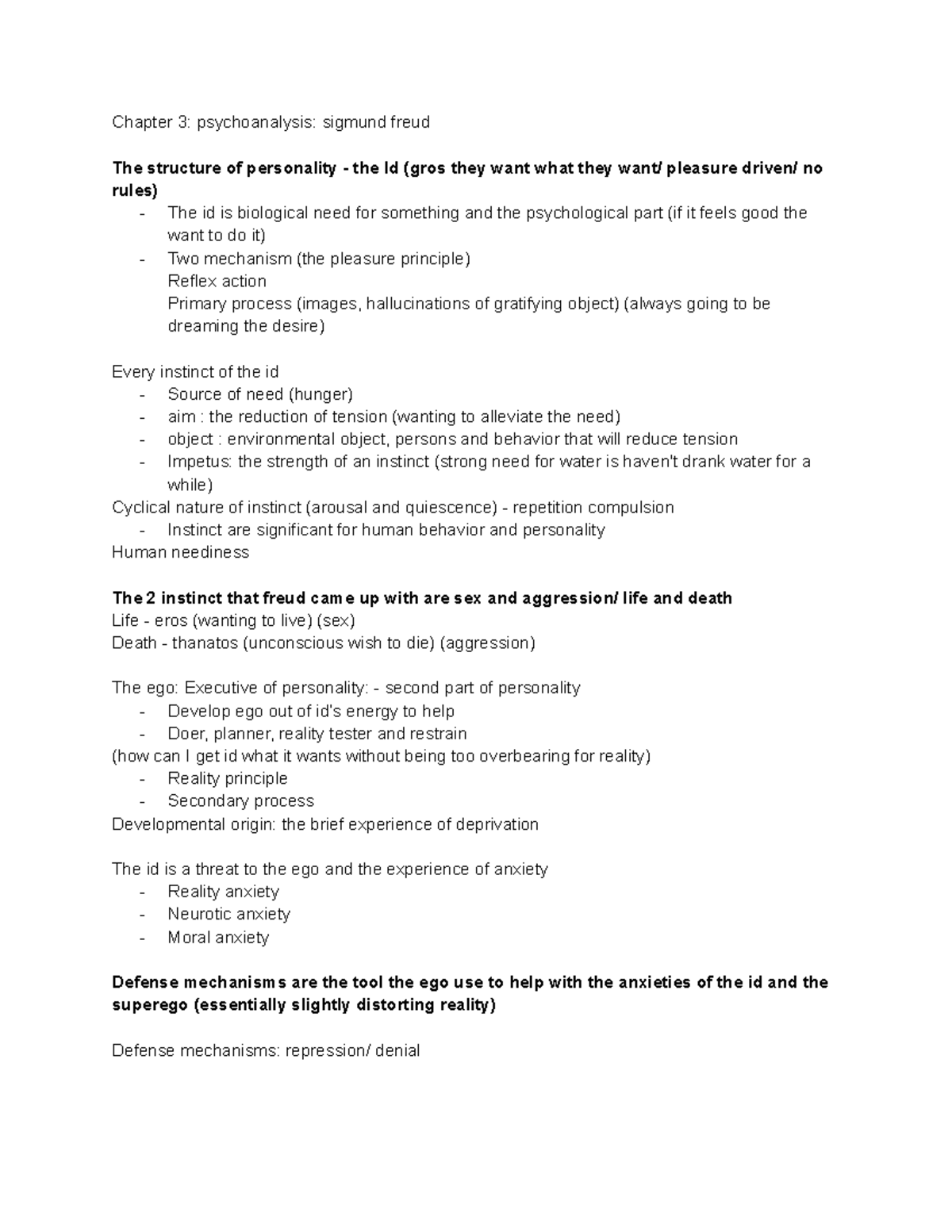 To P chapter 3 - These notes cover Freud's Psychoanalysis. Topics such ...